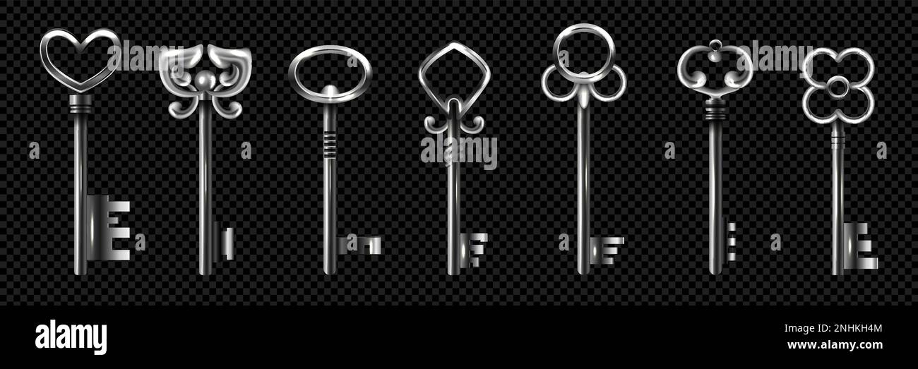 Realistic vintage silver keys icon set seven isolated keys in different ...