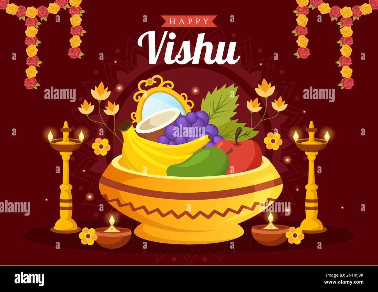Happy Vishu Festival Illustration with Traditional Kerala Kani, Fruits ...
