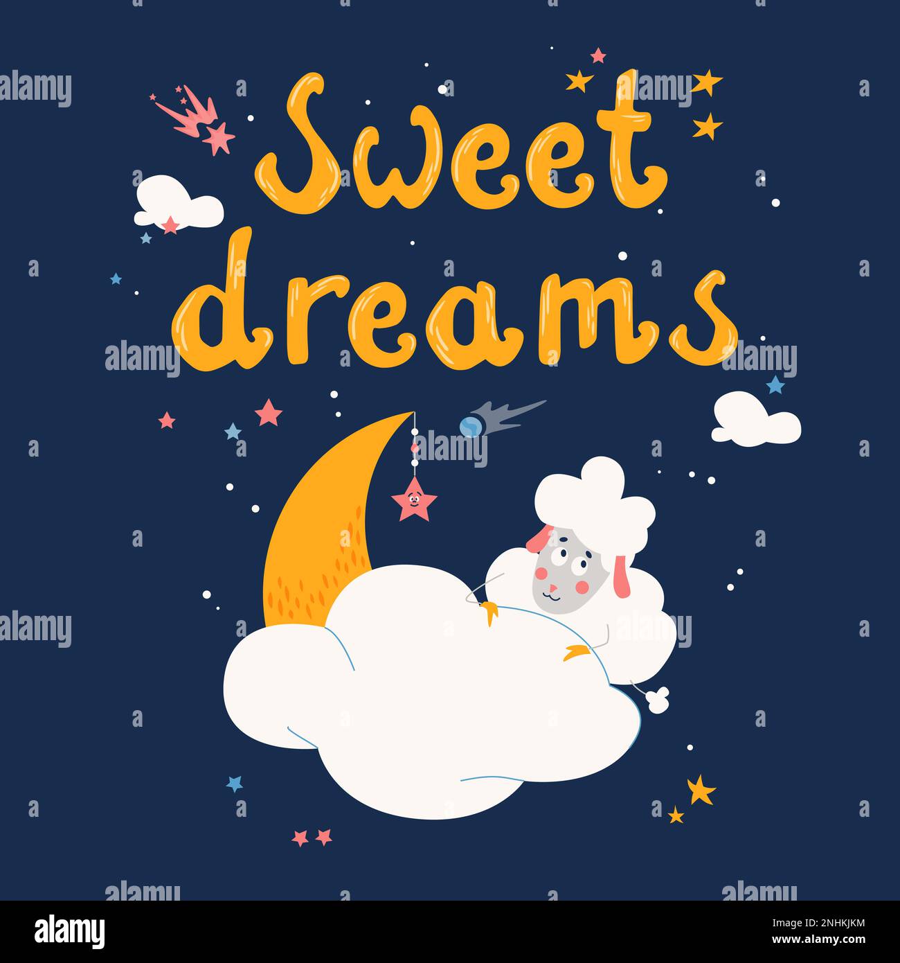 Sweet dreams postcard with cartoon moon and cute sheep vector ...
