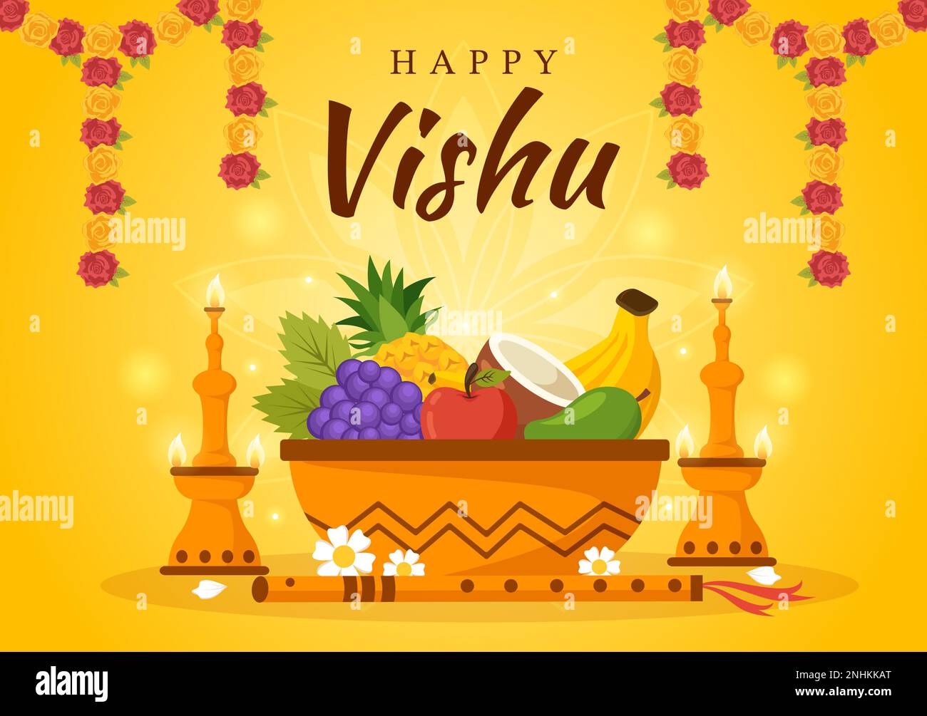 Happy Vishu Festival Illustration with Traditional Kerala Kani, Fruits ...