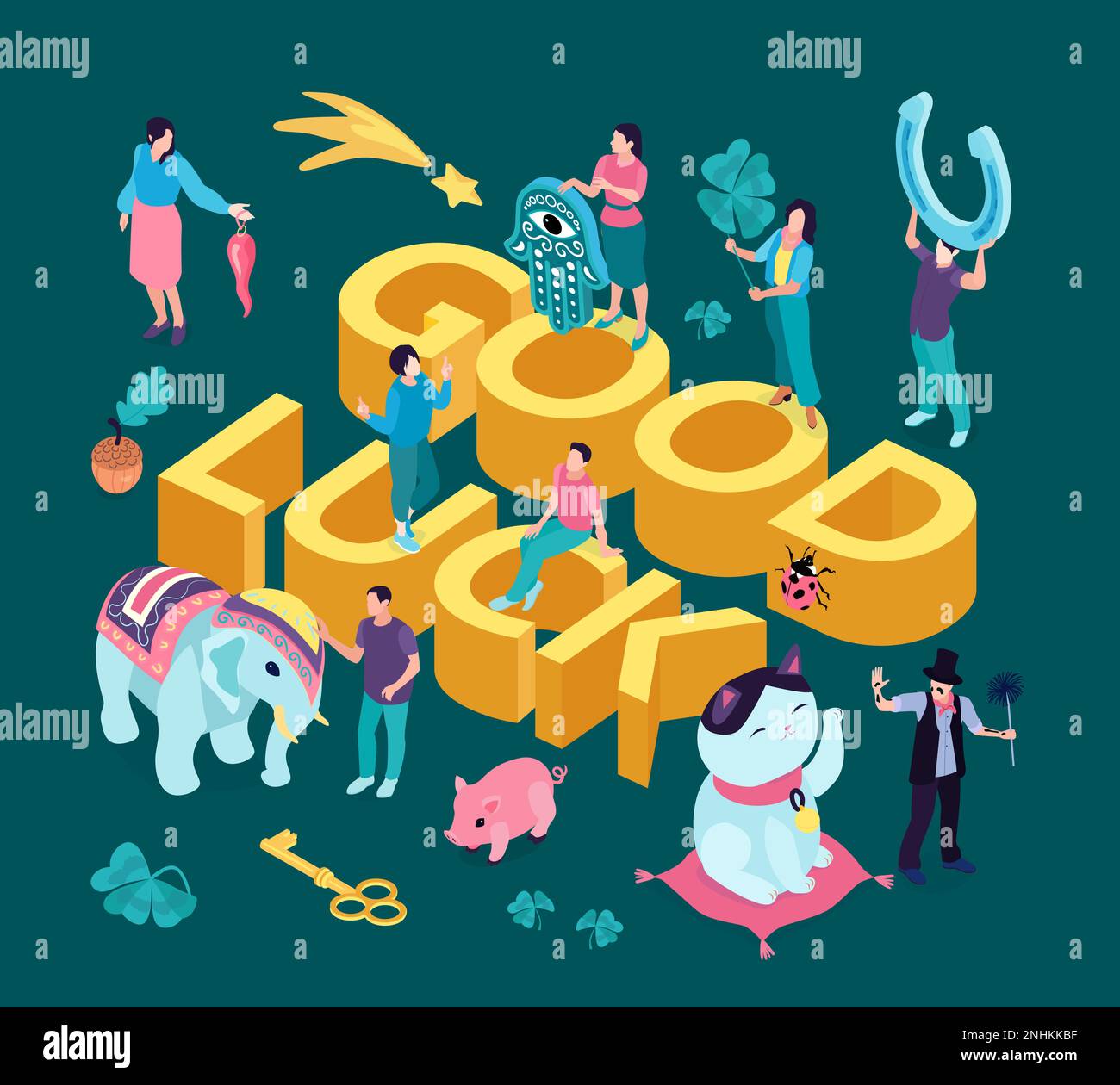 Isometric good luck symbols composition with 3d text and icons of ...