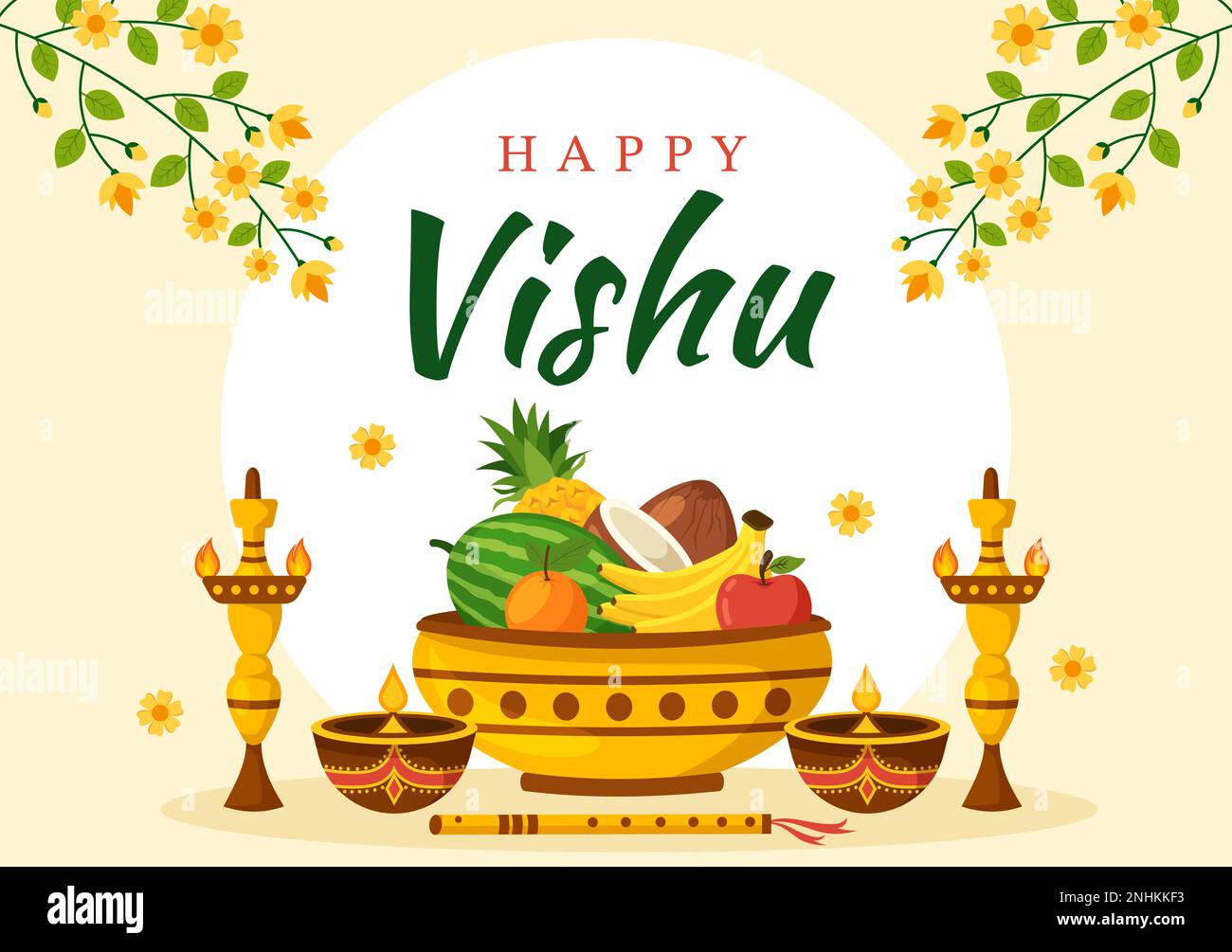 Happy Vishu Festival Illustration with Traditional Kerala Kani, Fruits and Vegetables for ...