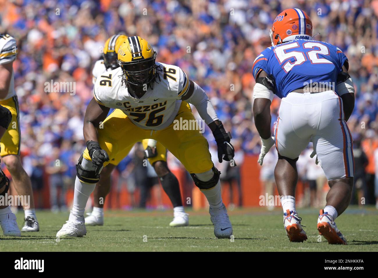 Missouri offensive lineman Javon Foster (76) sets up to block in front ...