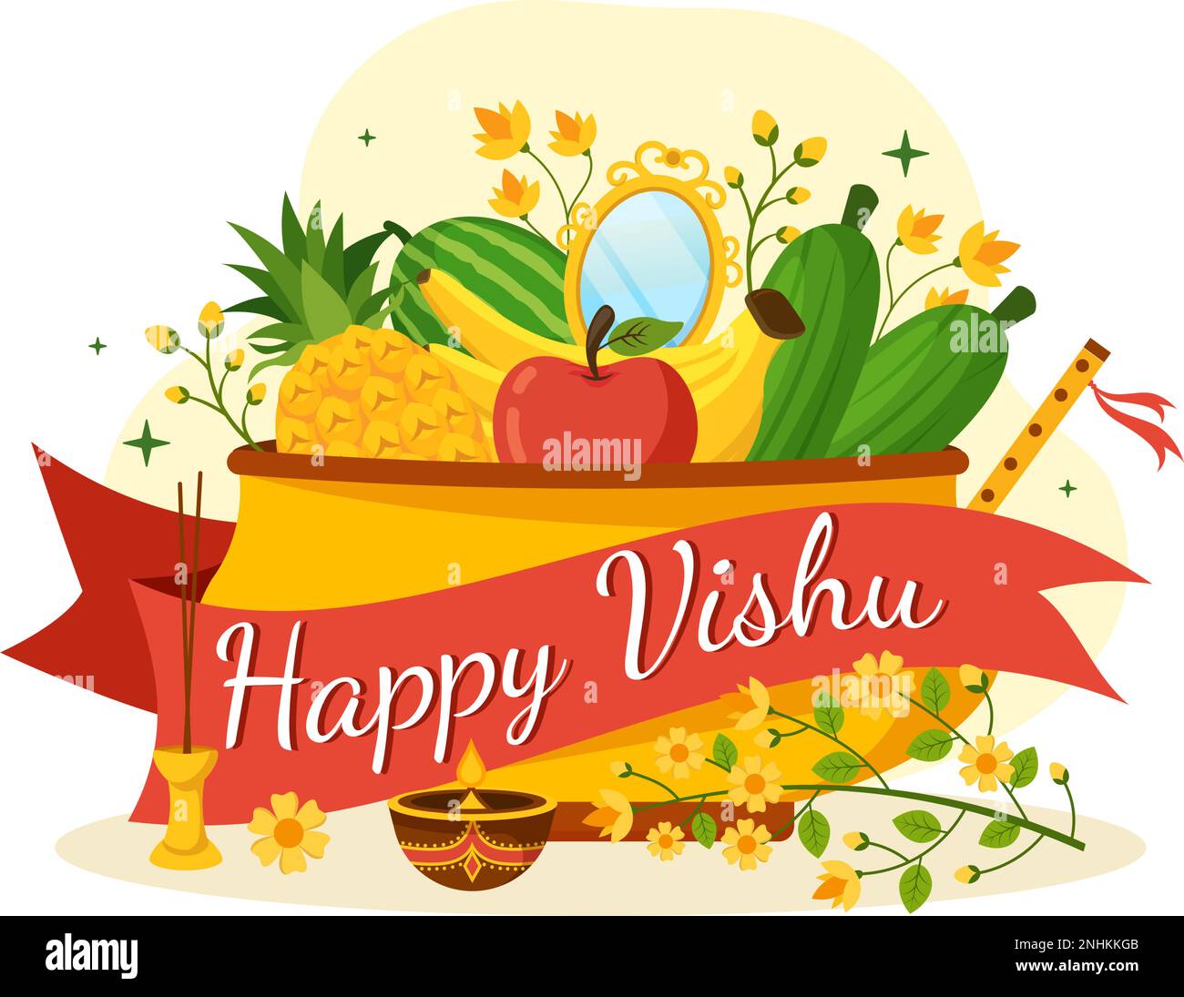 Happy Vishu Festival Illustration with Traditional Kerala Kani, Fruits ...