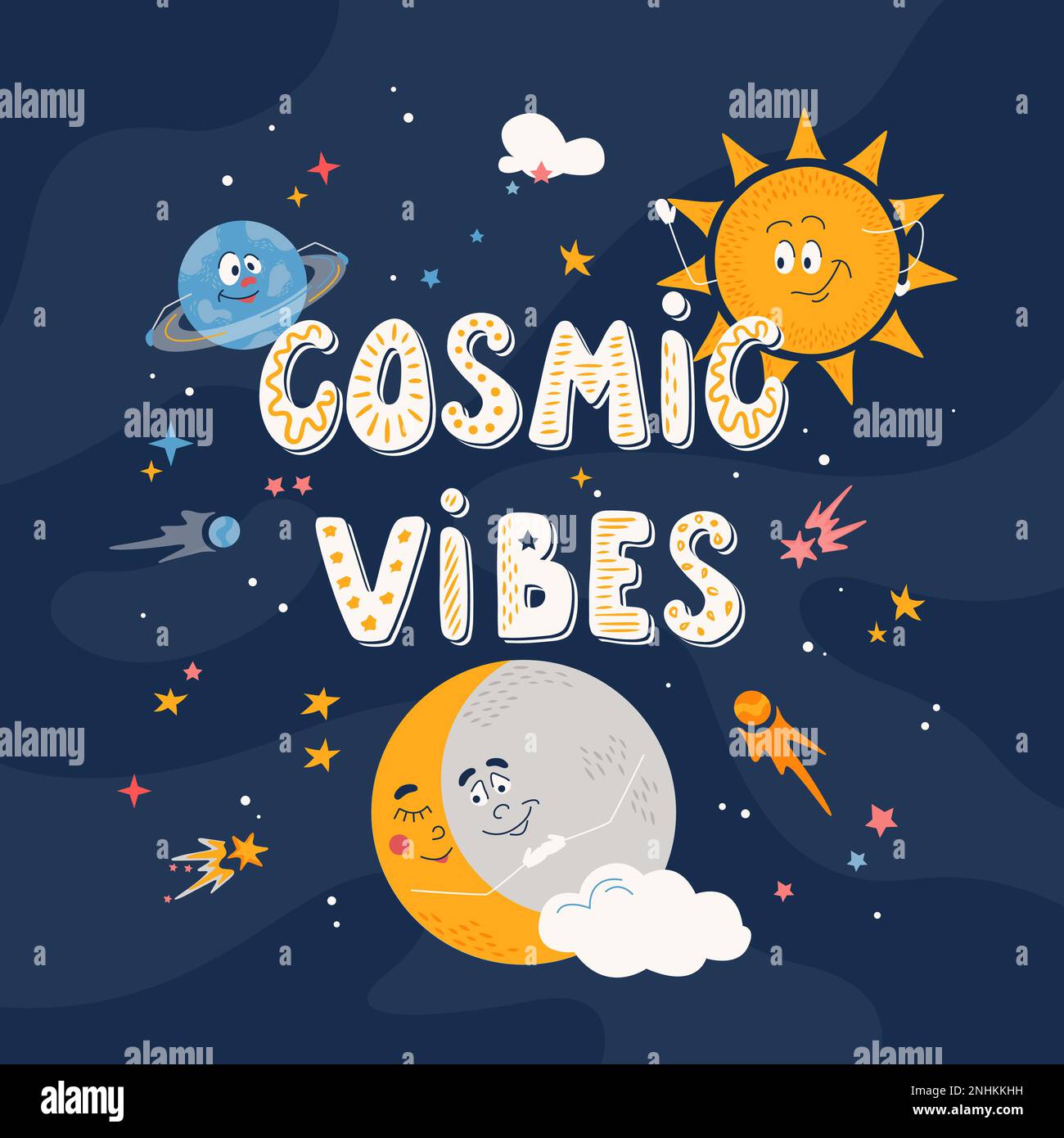 Cartoon moon flat postcard with cute cosmic items vector illustration ...