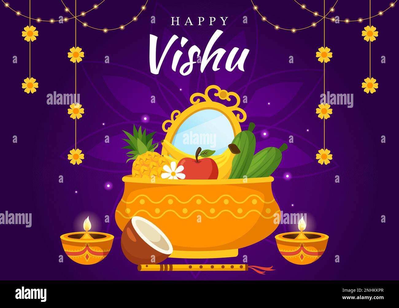 Happy Vishu Festival Illustration with Traditional Kerala Kani, Fruits ...