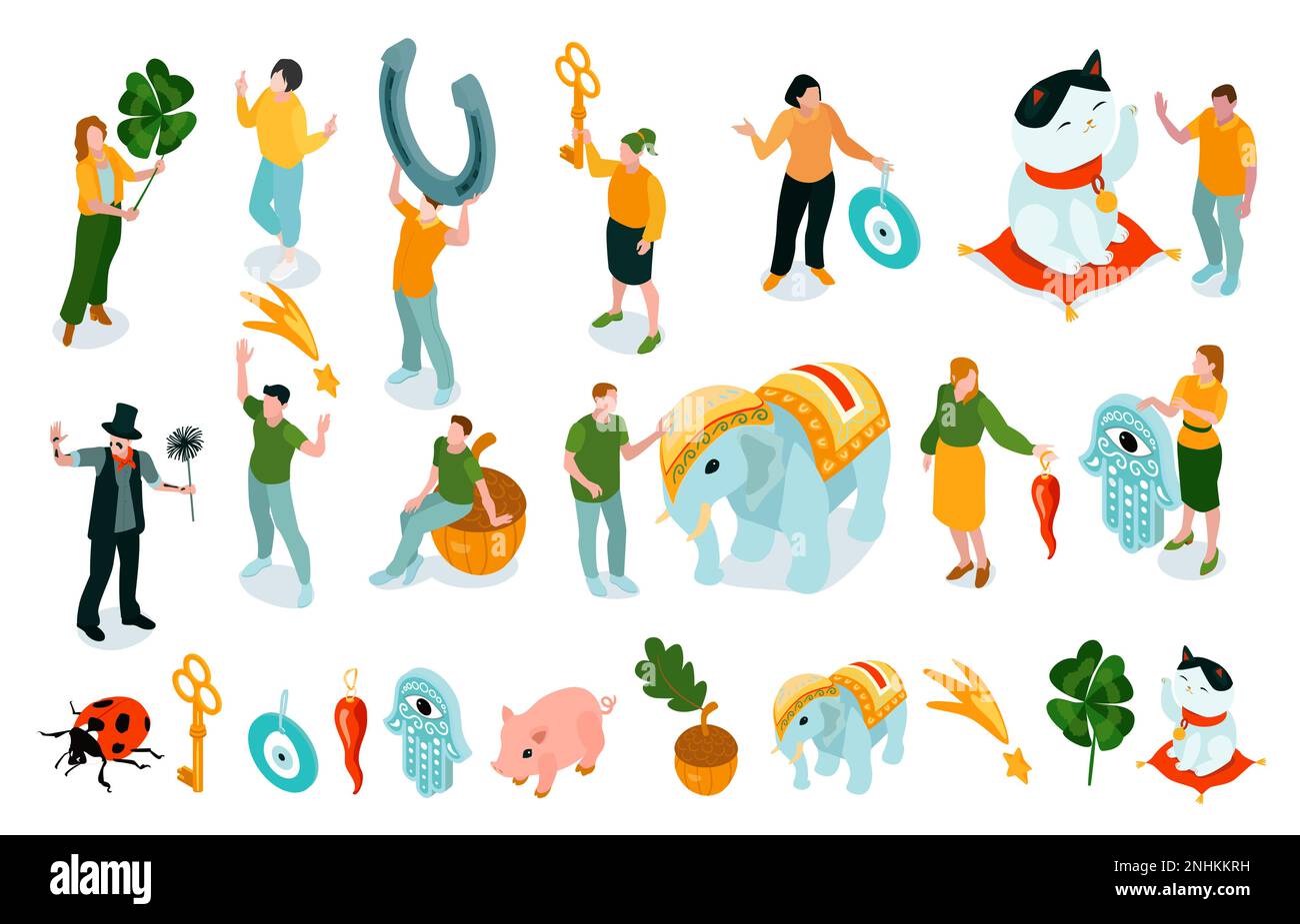 Isometric good luck symbols set with isolated images of mascot animals ...