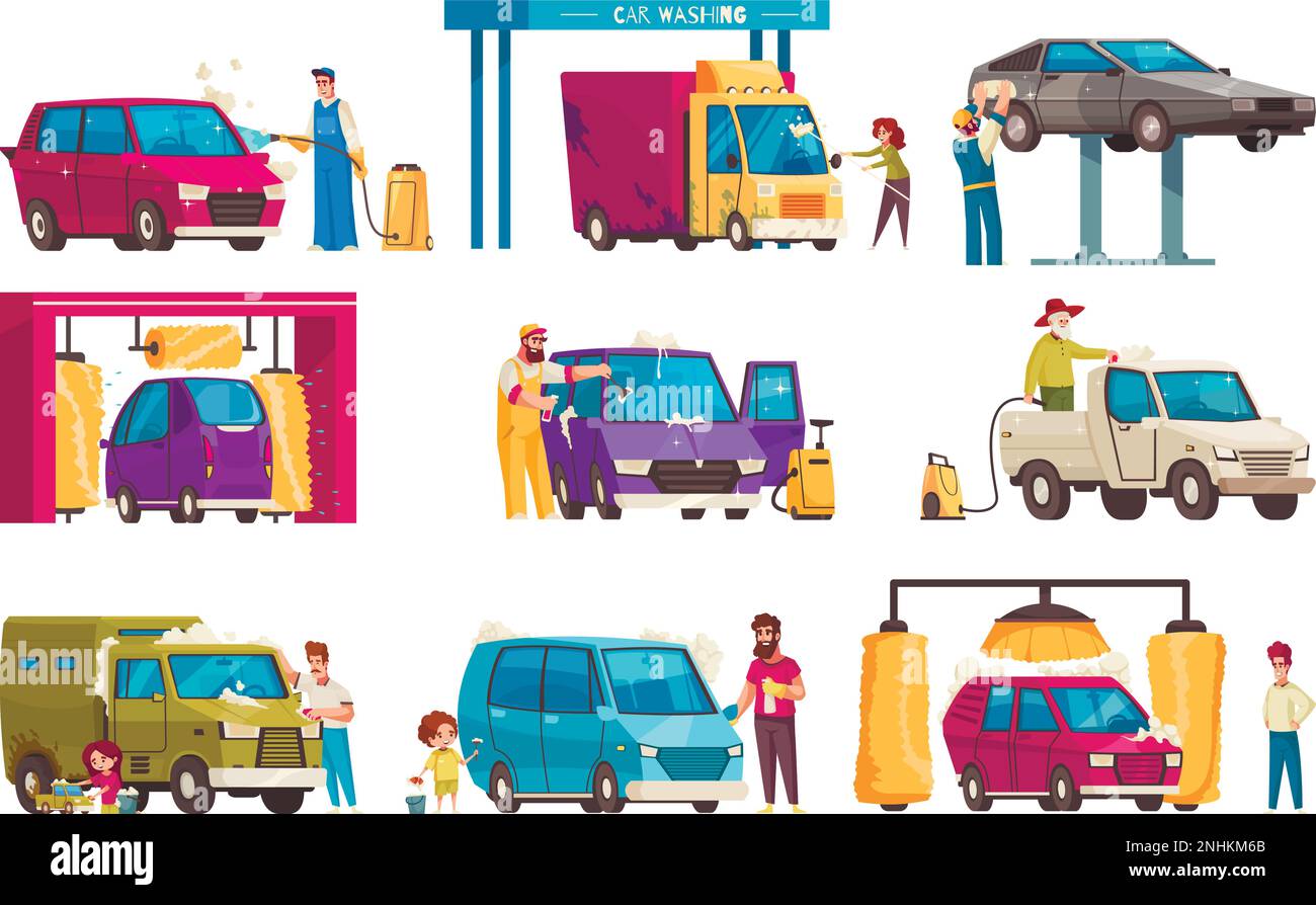 Car wash and vehicle self cleaning service cartoon icons set isolated ...