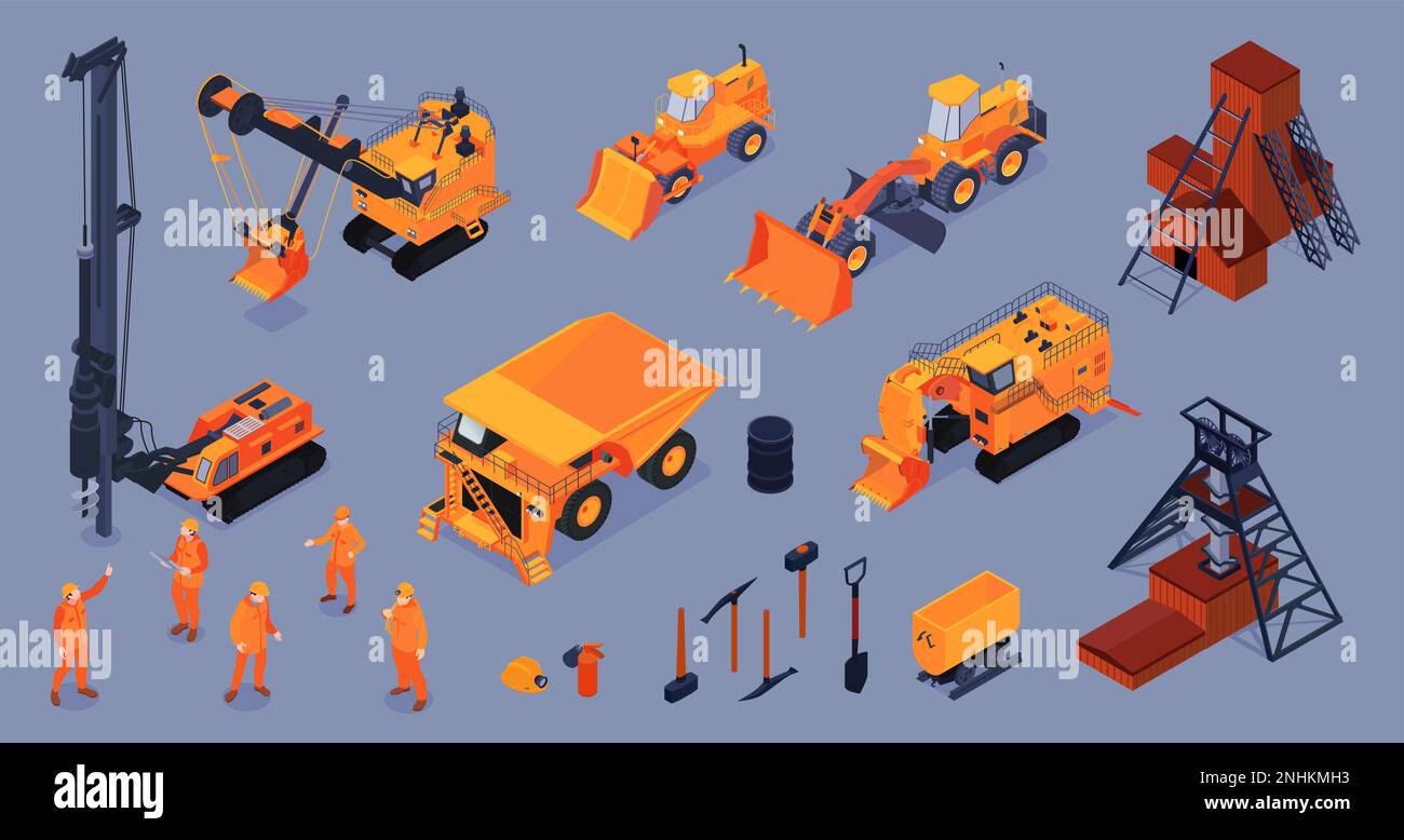 Set with isolated mining color icons with isometric images of mine ...