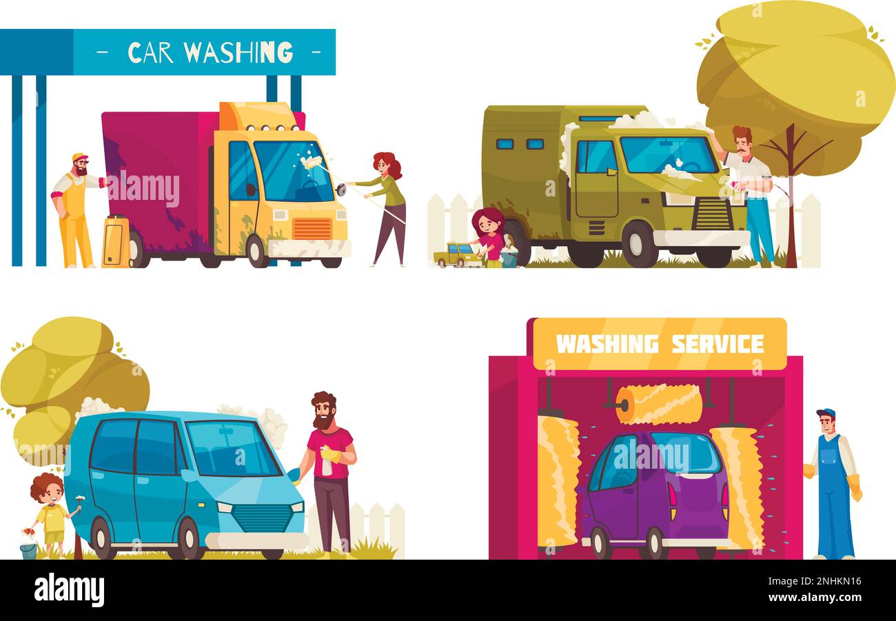 Car wash cartoon icons set with self service cleaning service isolated ...