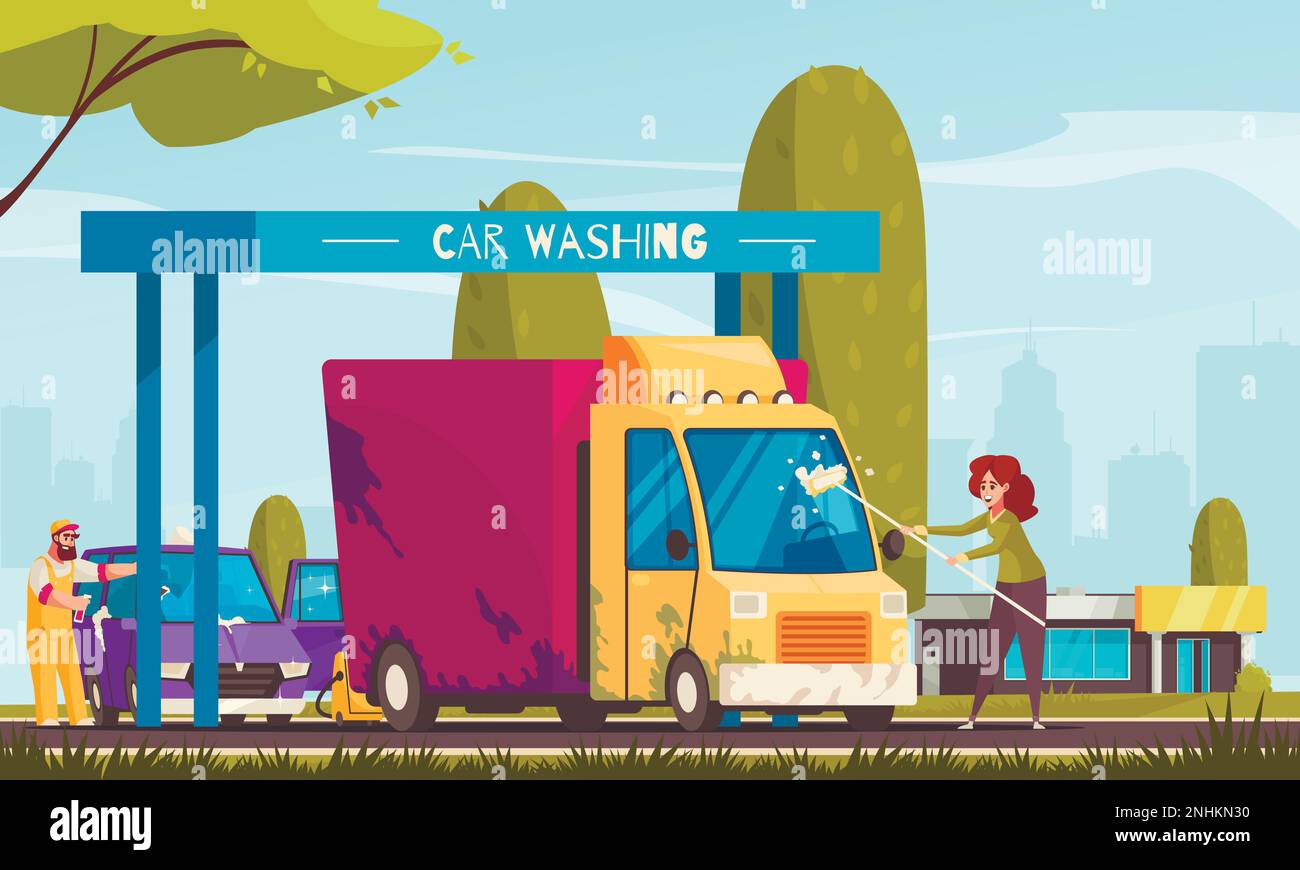 Car wash composition with woman cleaning dirty van cartoon vector ...