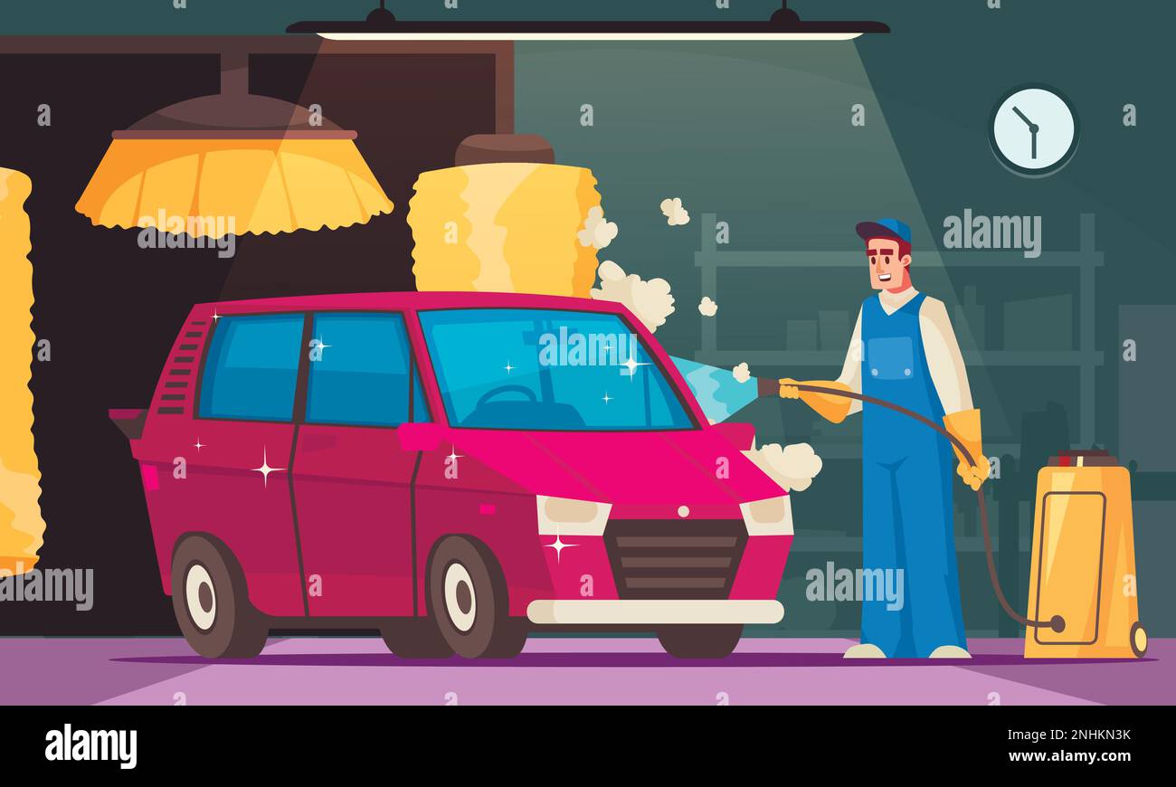 Car wash cartoon concept with serviceman holding water hose vector ...