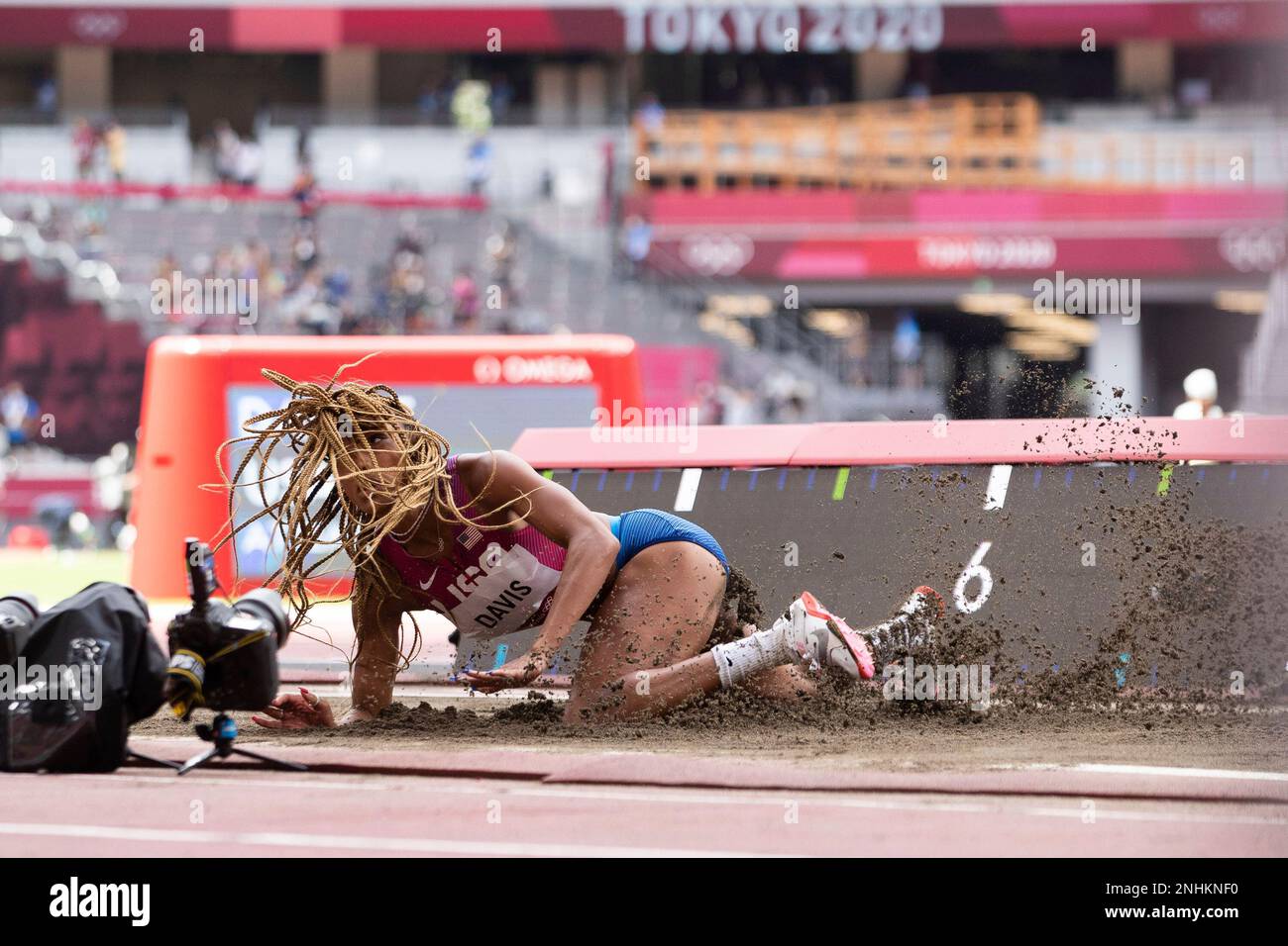 August 03, 2021: Tara Davis of United States lands in the sand pit ...