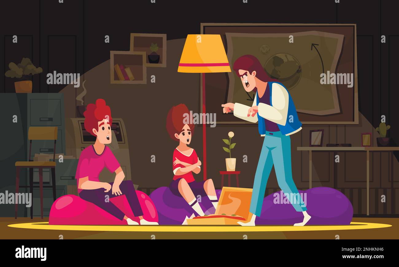 Children horror story cartoon poster with teenagers frightening each ...