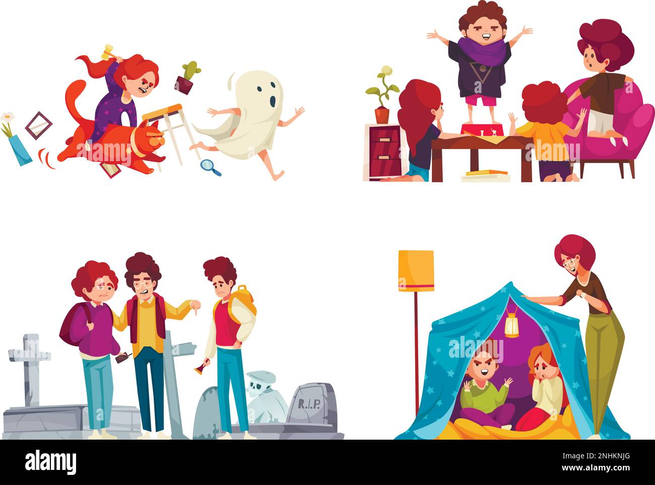 Children playing and telling horror stories cartoon icons set isolated ...