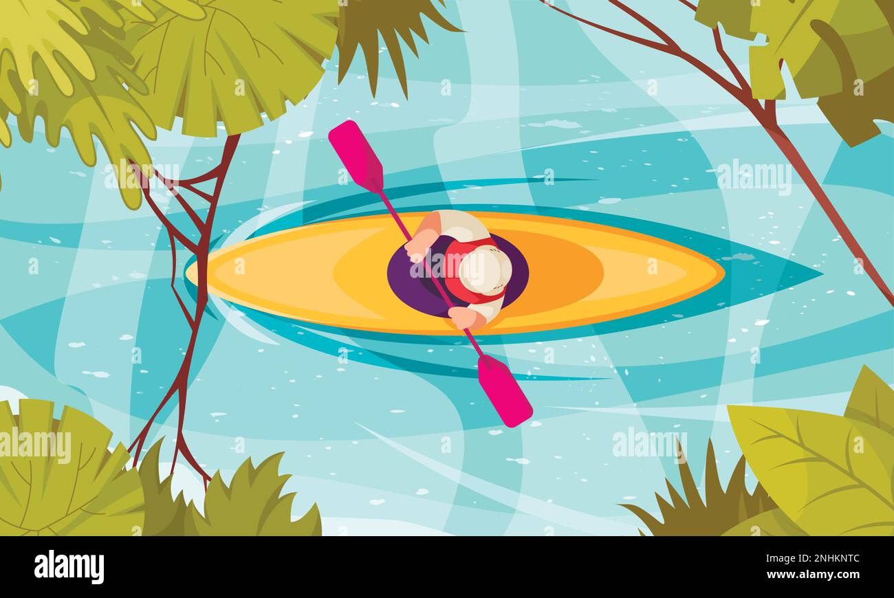 River rafting concept with top view of man in canoe cartoon vector ...
