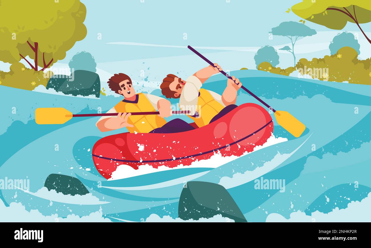 River rafting concept with people rowing in canoe cartoon vector ...