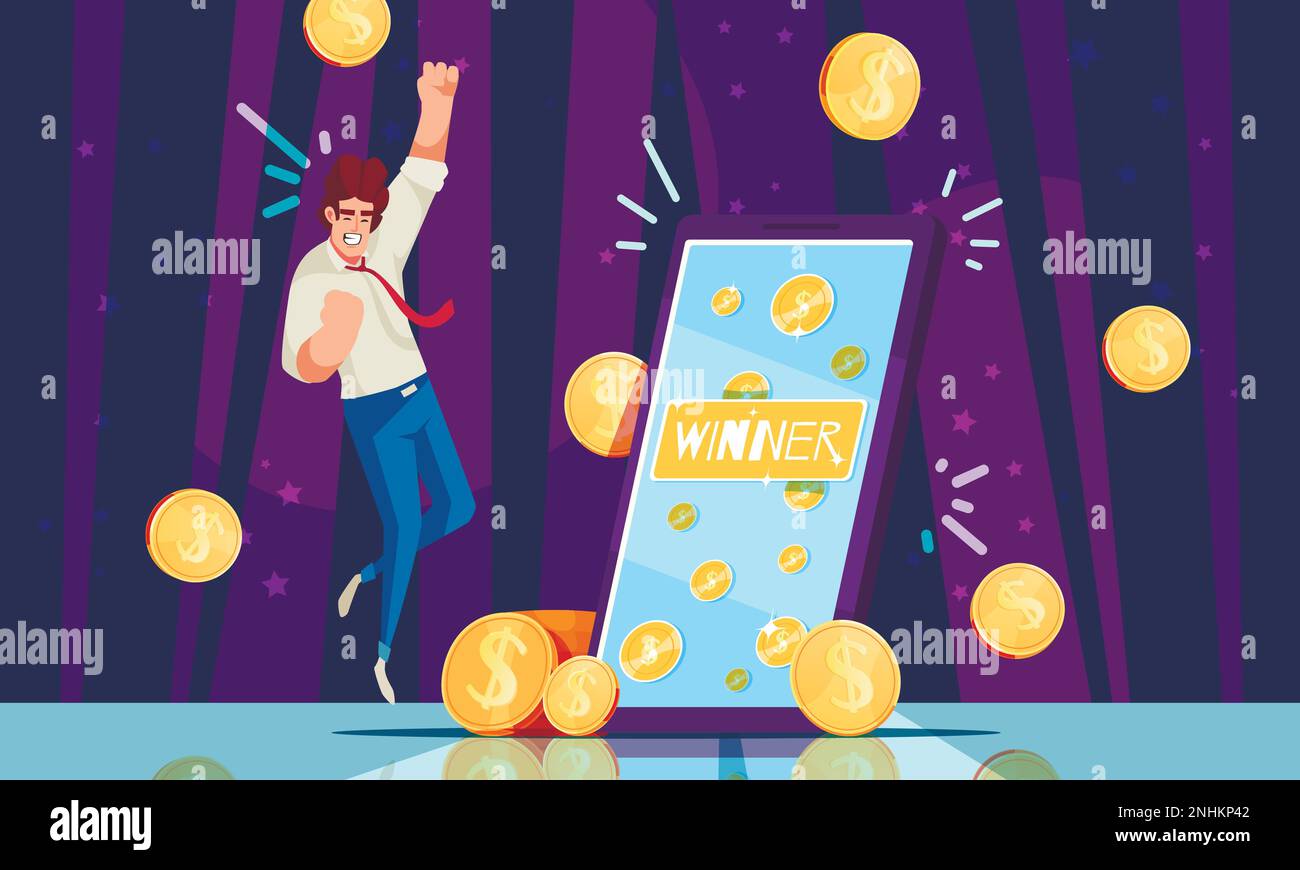 Lottery winner cartoon concept with man getting money prize vector ...