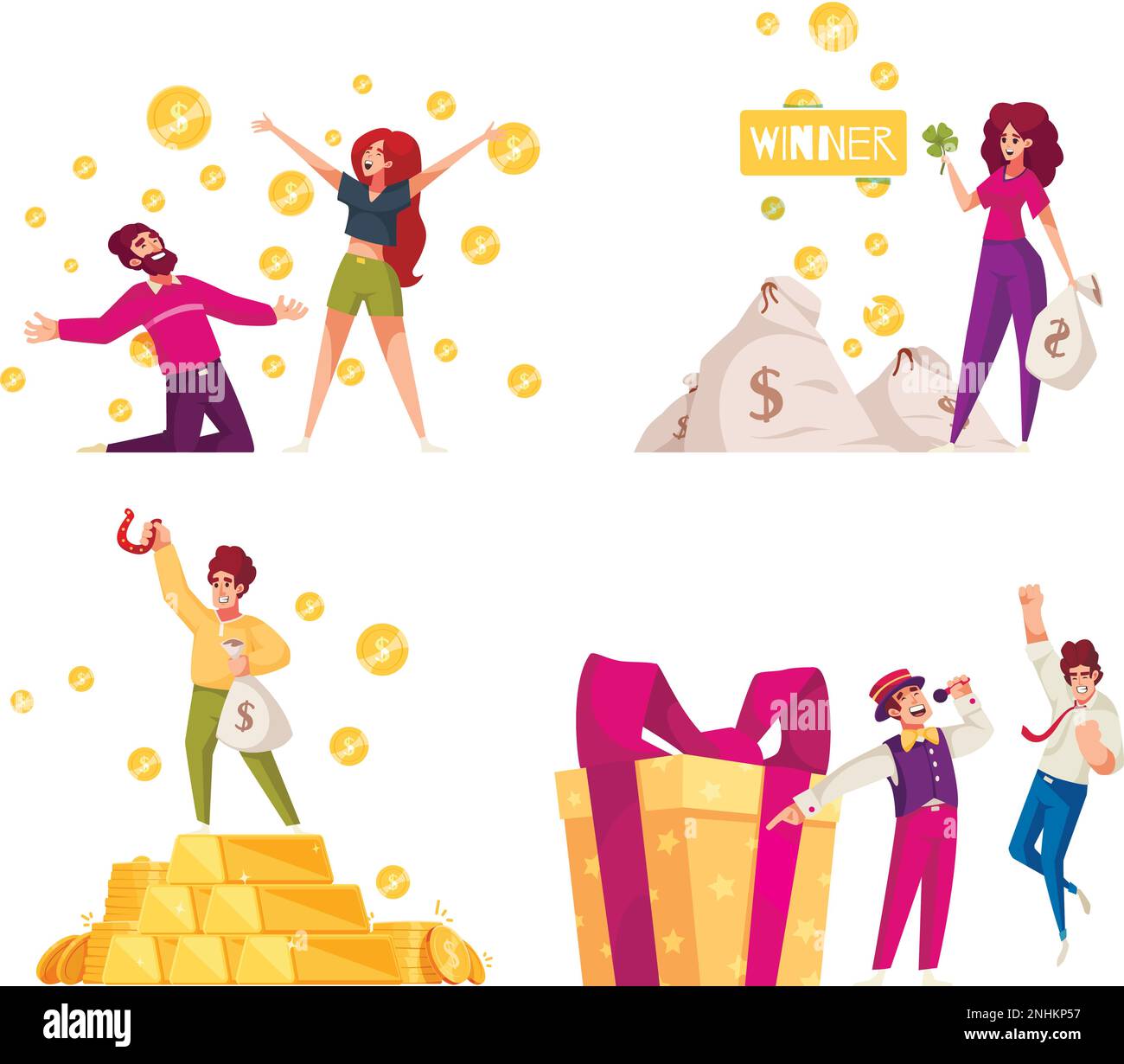 Lottery icon cartoon set with winners holding bunch on money isolated ...