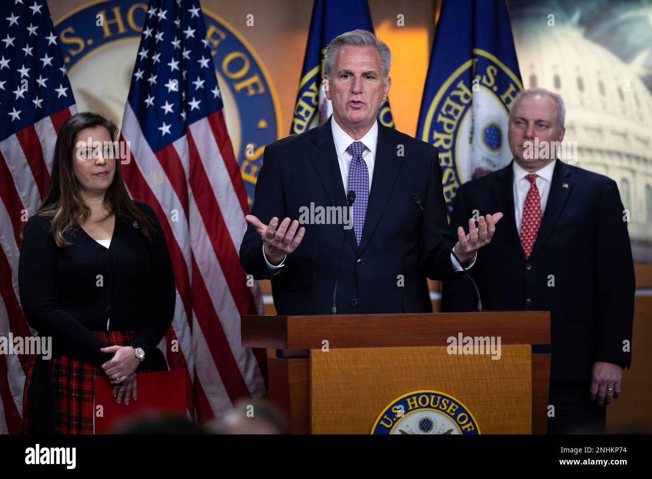 House Minority Leader Kevin McCarthy (R-Calif.), flanked by Reps. Elise ...