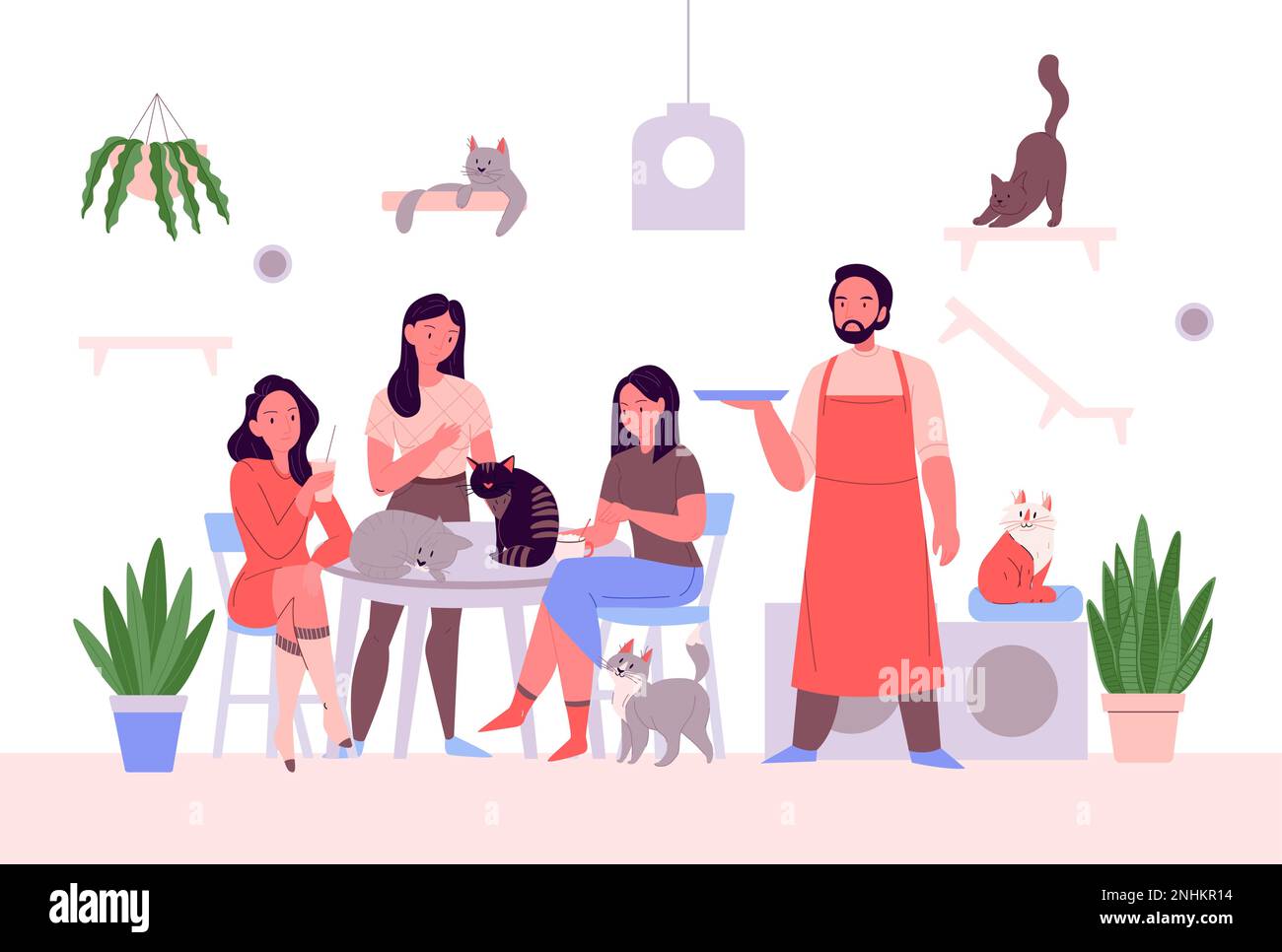 Cats cafe composition with indoor view of cats on shelves with ...