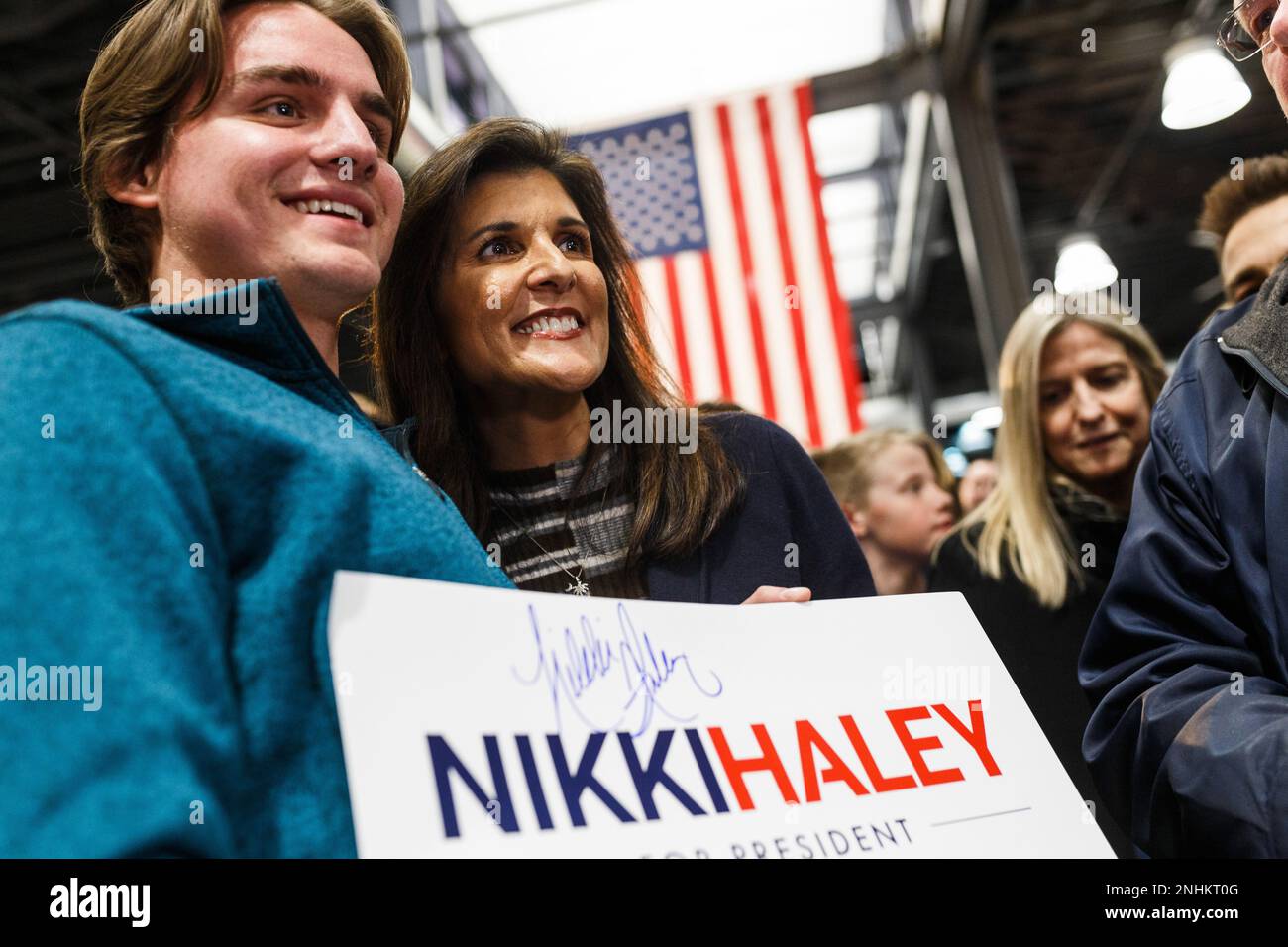 Former UN Ambassador Nikki Haley poses for a picture with a supporter after announcing her ...