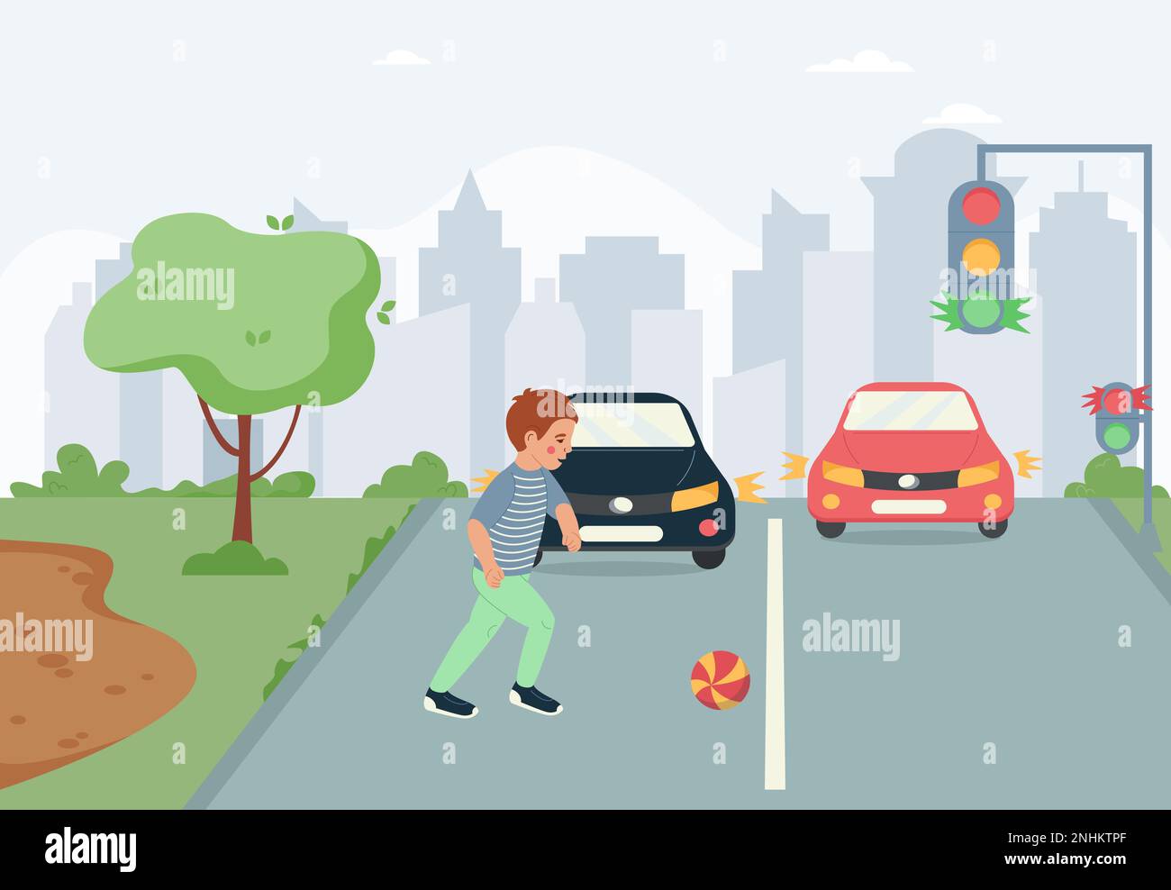 Children safety flat background with little boy playing football alone ...