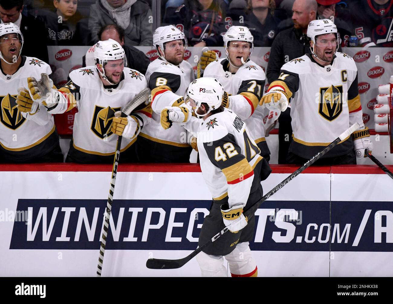 Vegas Golden Knights' Daniil Miromanov (42) celebrates his goal against ...