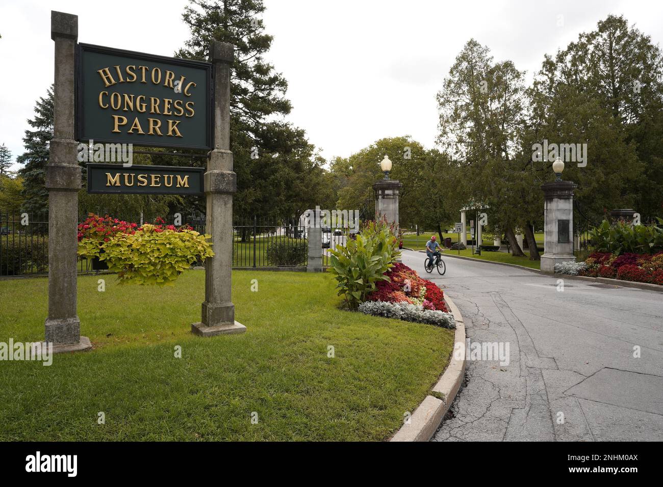 The entrance to Congress Park, a city park in Saratoga Springs, New ...