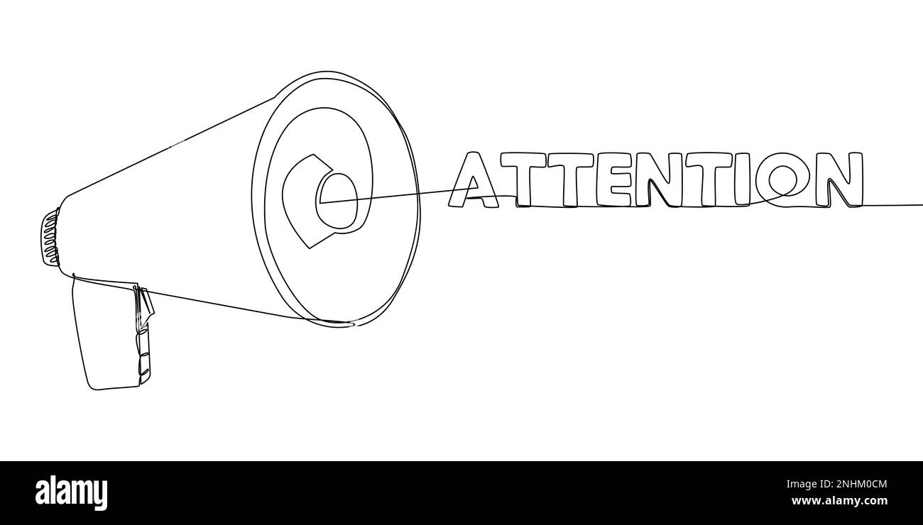 One continuous line of Megaphone with Attention text. Thin Line ...