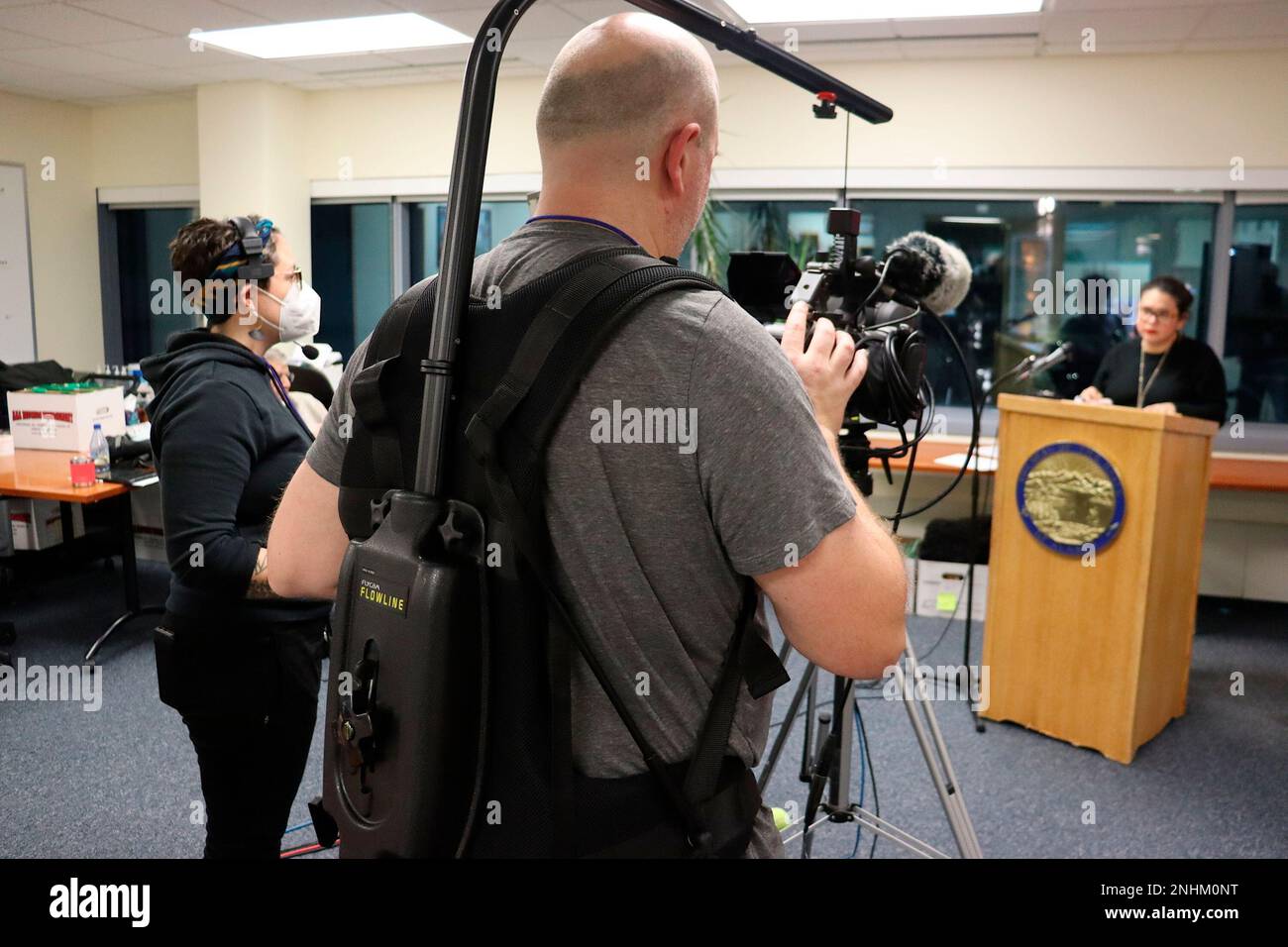 A KTOO film crew performs test filming of Alaska Division of Elections ...