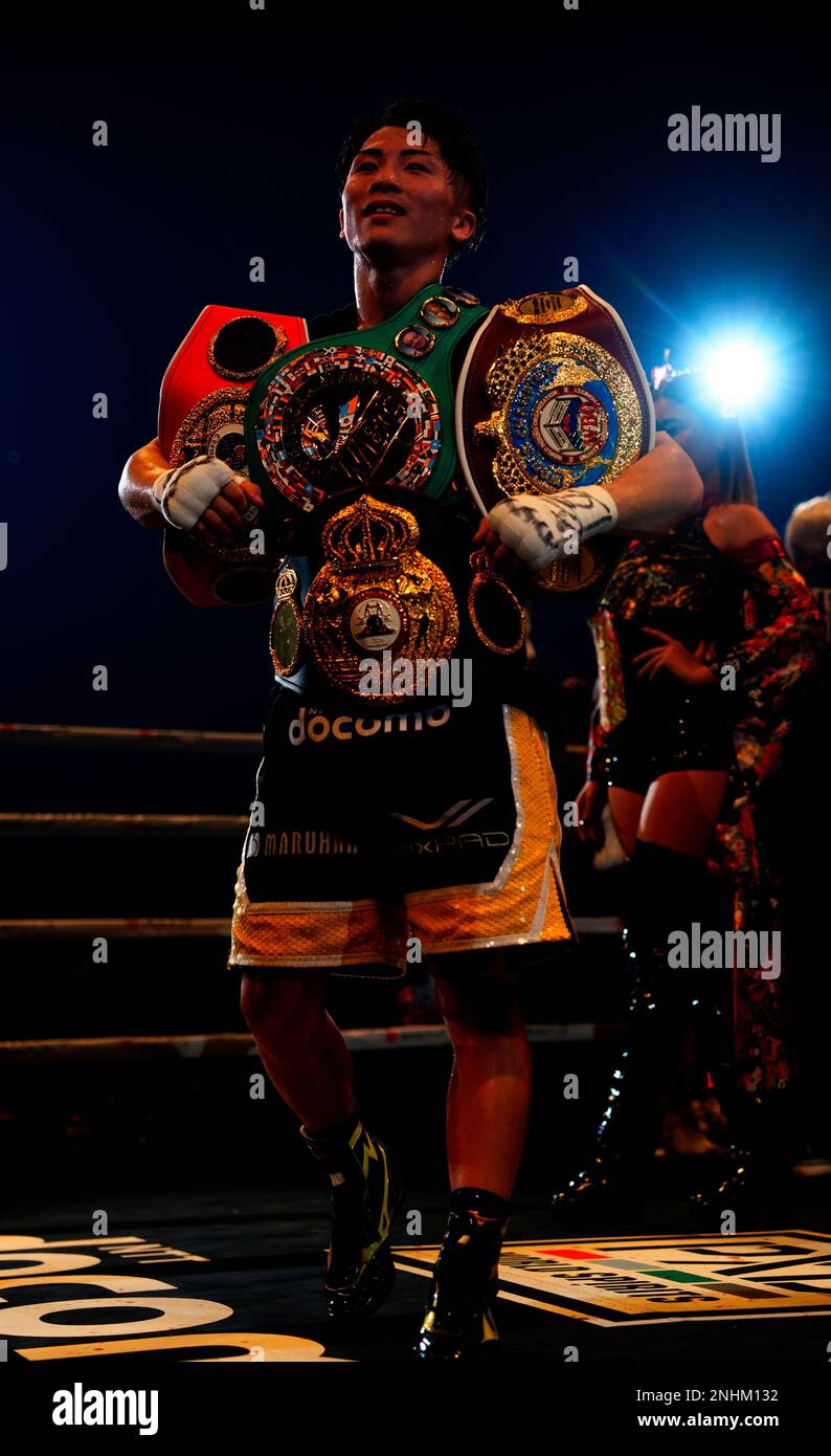 Naoya Inoue, Japanese three-division bantamweight champion, holds the ...