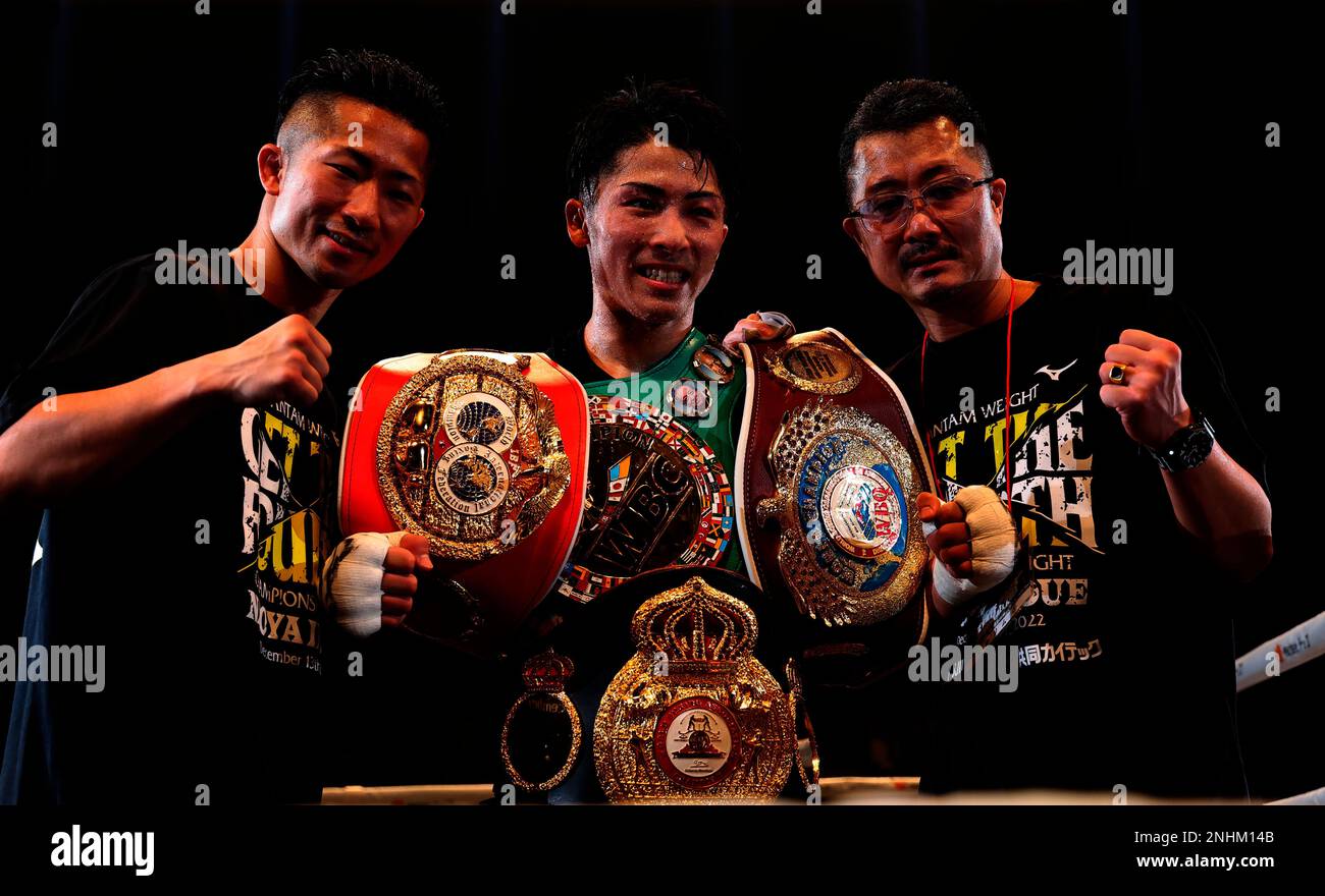 Naoya Inoue (C), Japanese three-division bantamweight champion, holds ...