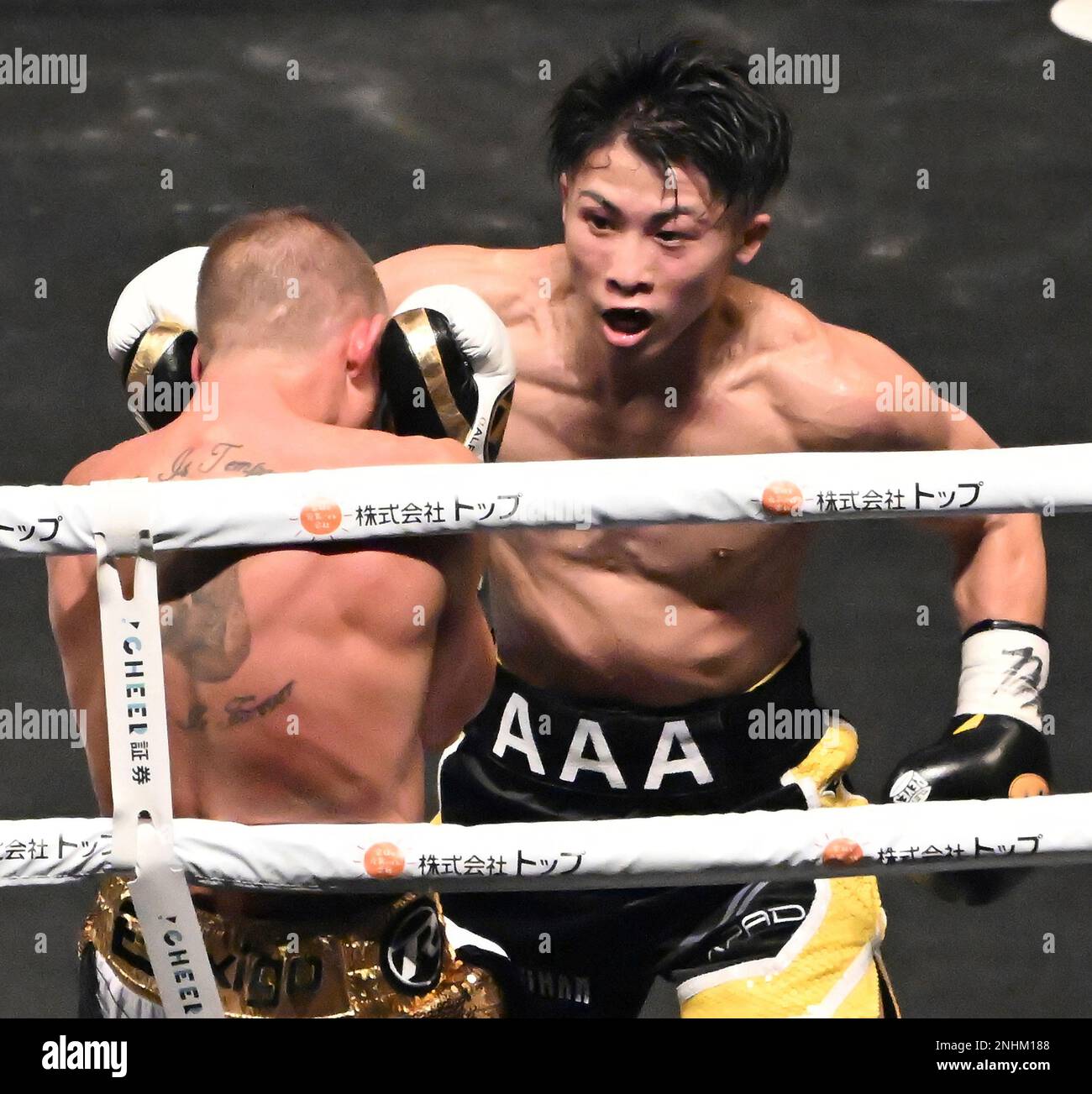 Naoya Inoue (R) Japanese three-division bantamweight champion, delivers his punch against ...