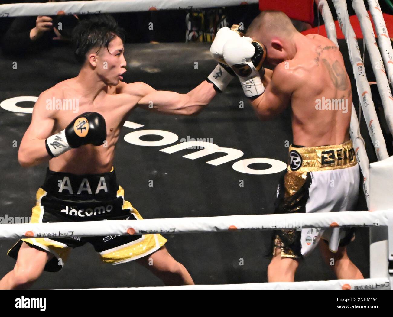 Naoya Inoue (L), Japanese three-division bantamweight champion, delivers his punch against ...