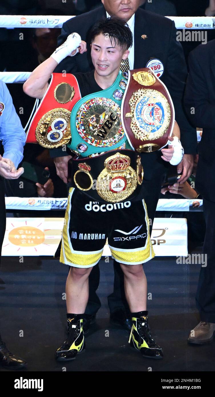 Naoya Inoue, Japanese three-division bantamweight champion, holding the ...