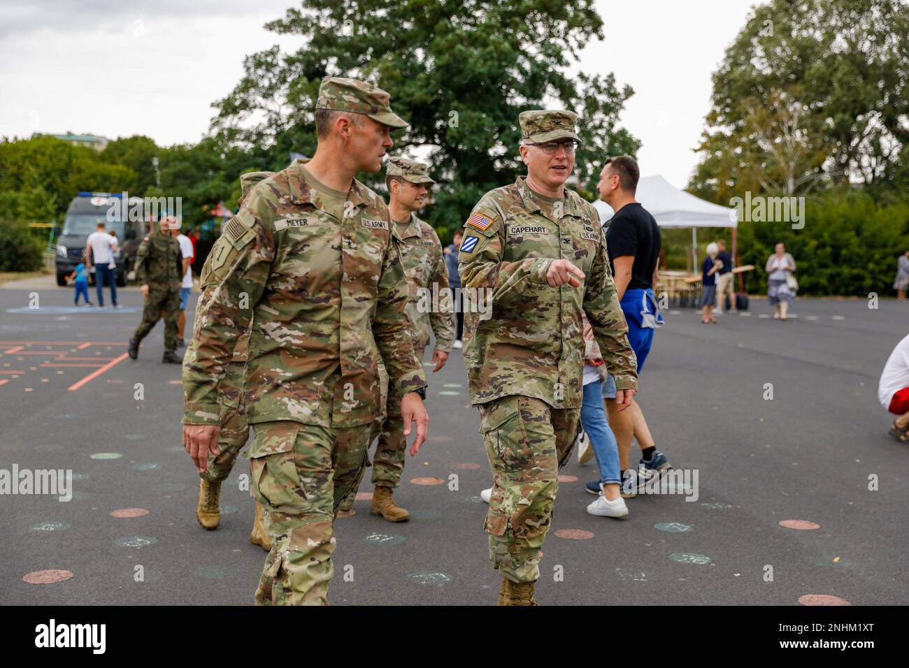 U.S. Army Maj. Gen. John V. Meyer III, commander of the 1st Infantry Division, speaks with U.S ...