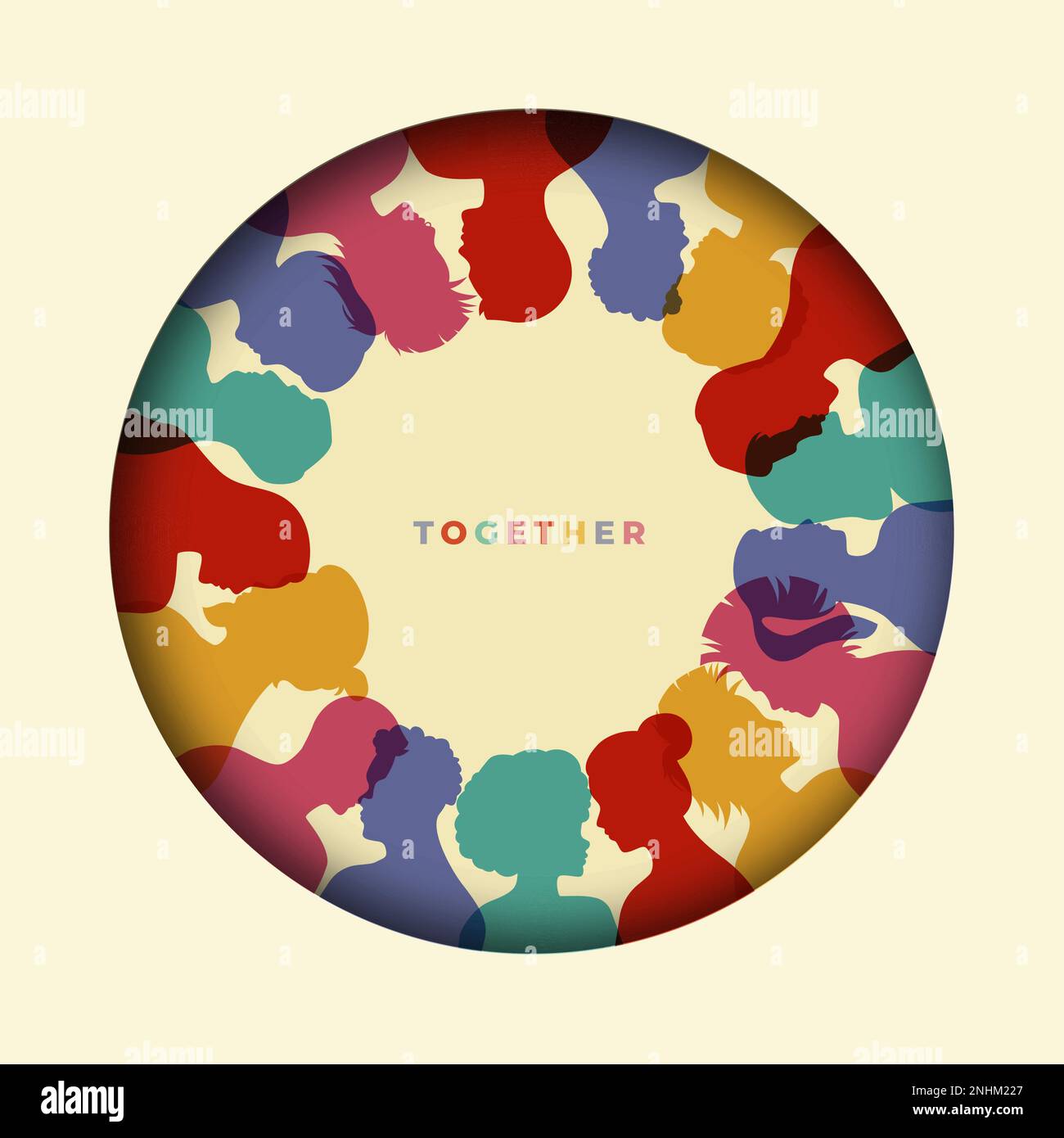 Circle paper cut with diverse silhouette people faces in transparent ...