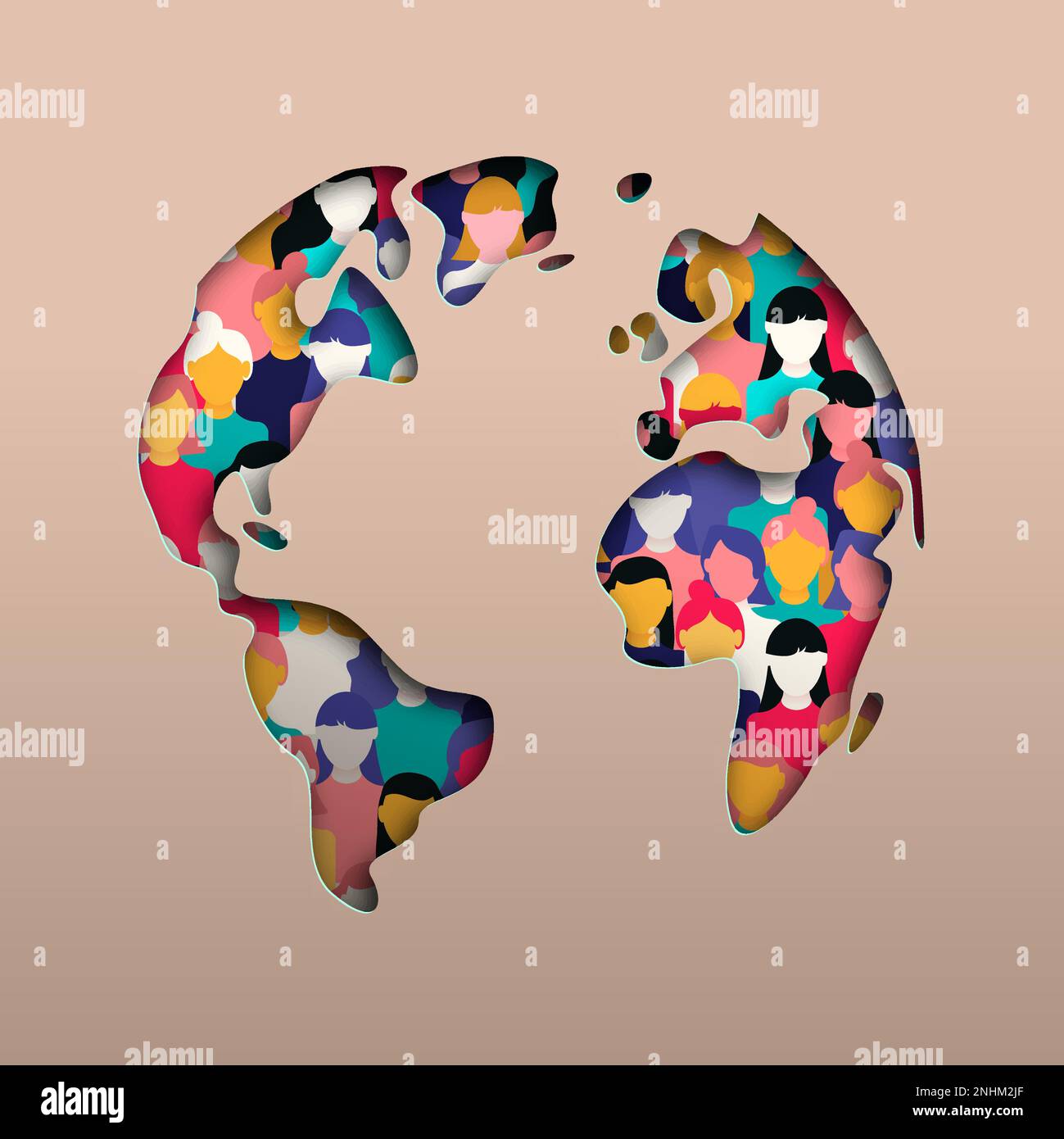 3D papercut world map greeting card template illustration with diverse ...