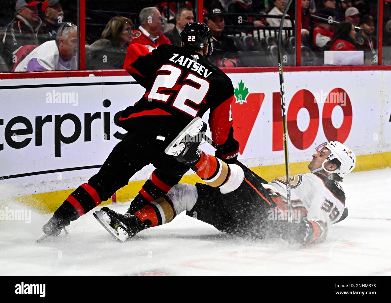Anaheim Ducks center Sam Carrick (39) falls after clashing with Ottawa ...