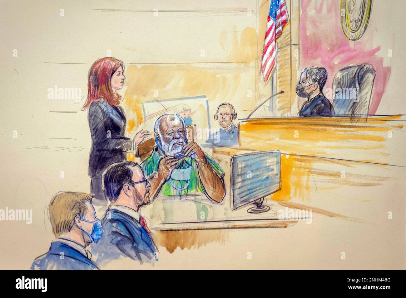 The artist sketch depicts Assistant U.S. Attorney Erik Kenerson, seated ...