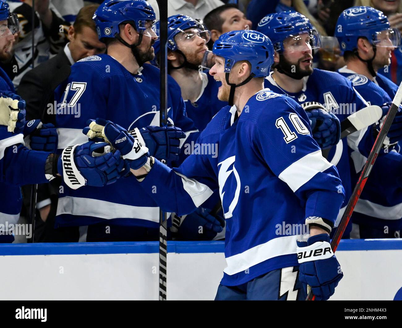 Tampa Bay Lightning right wing Corey Perry (10) celebrates his goal ...
