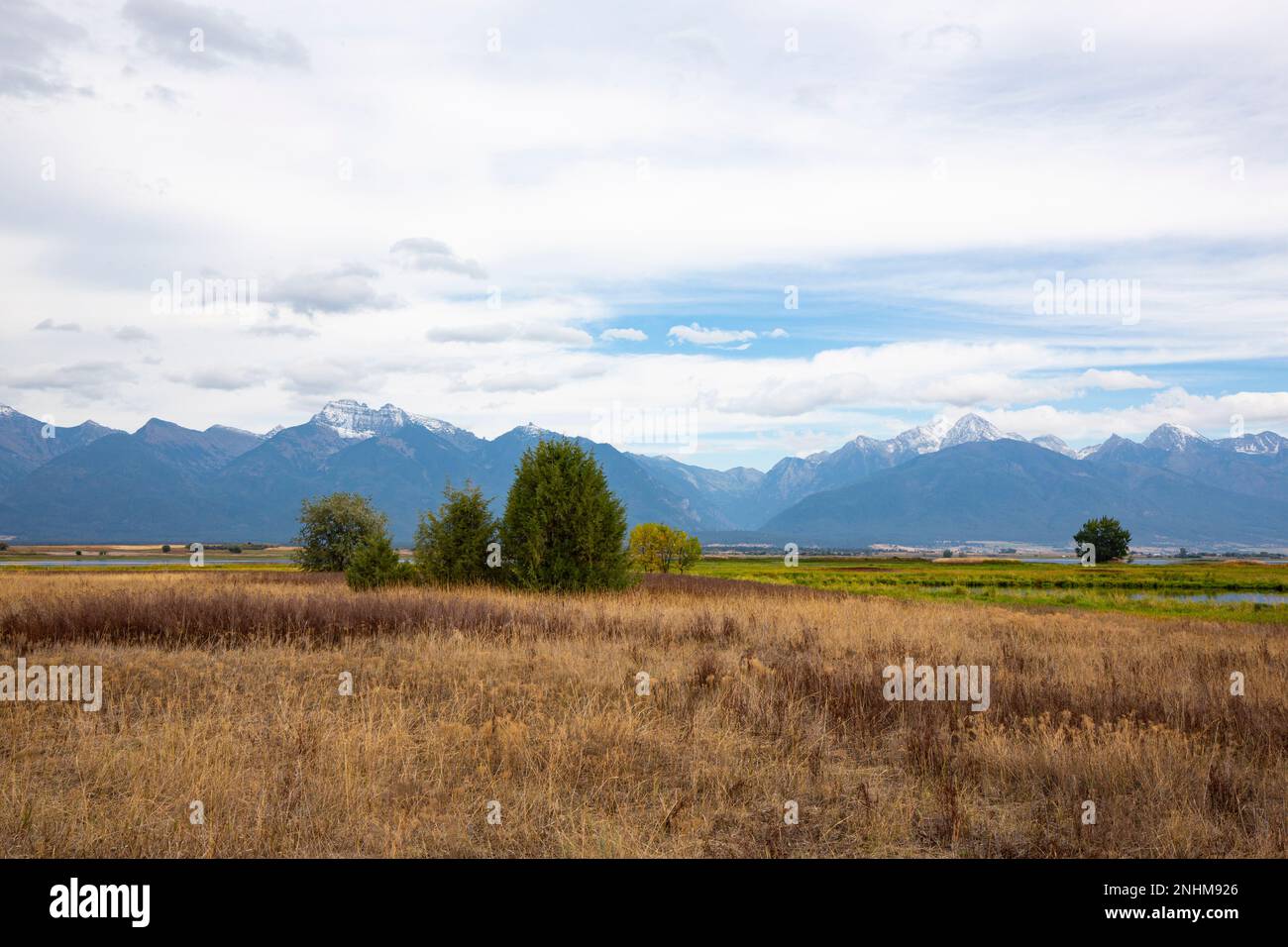 Destination scenic view over grasslands and out toward distant snow ...