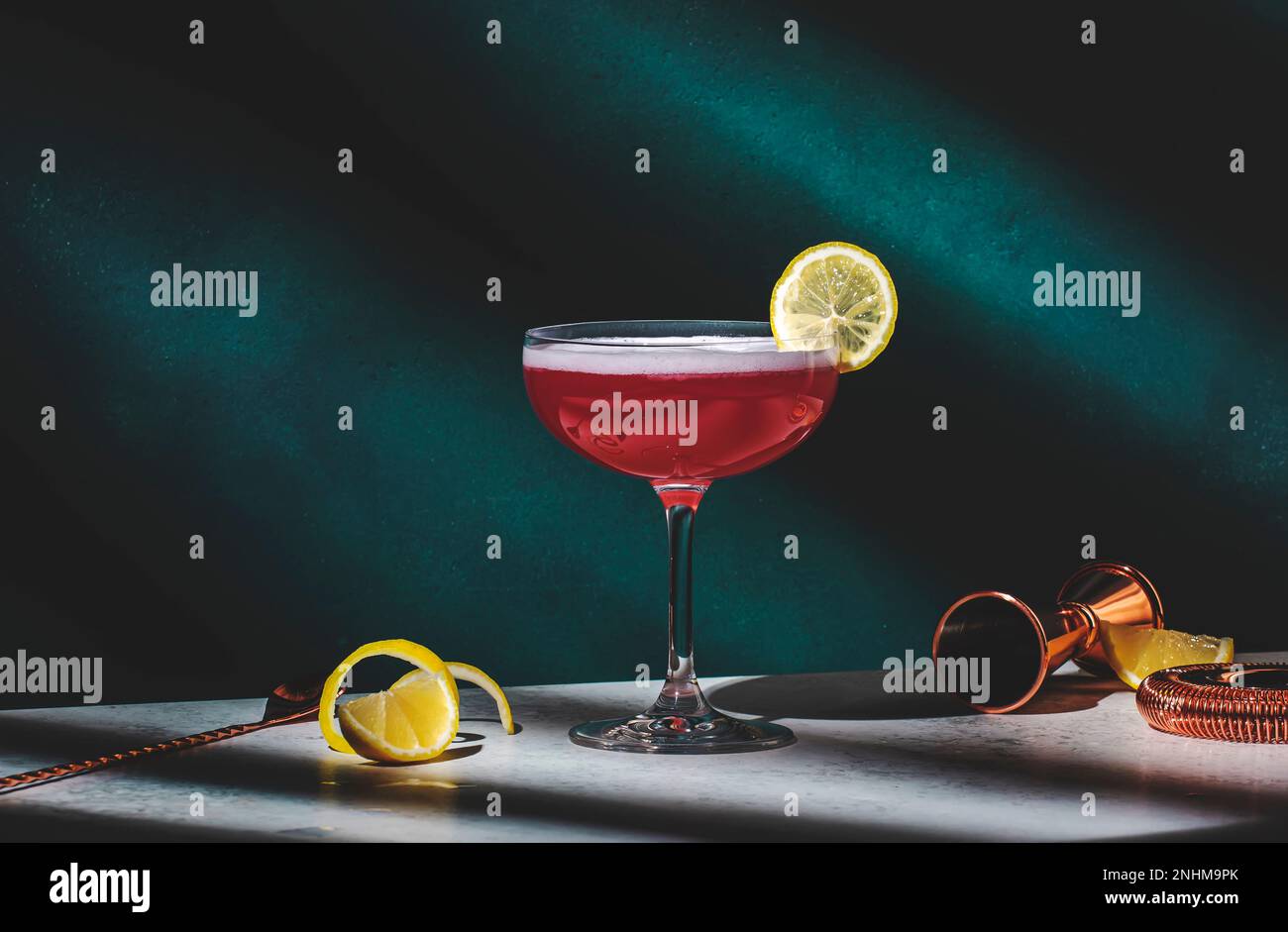 Pink lady alcoholic cocktail drink with gin, grenadine syrup, lemon ...