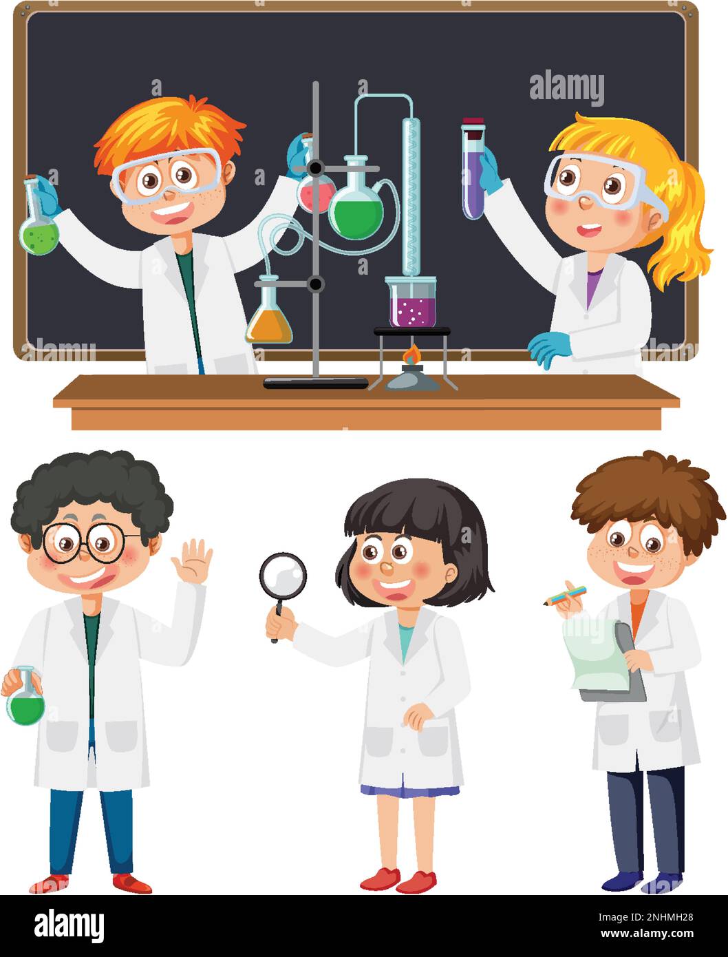 Scientist and student doing chemistry experiment illustration Stock ...