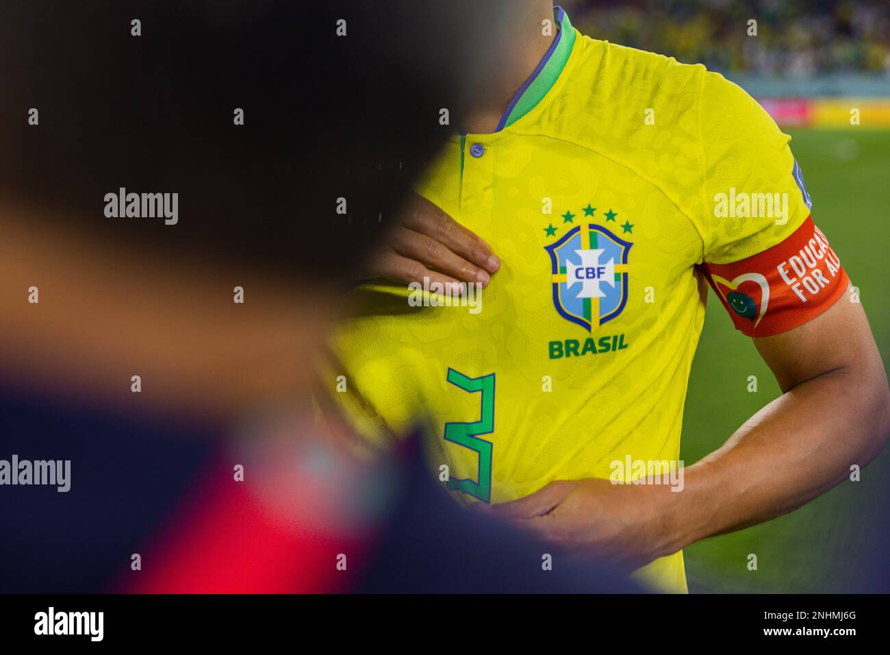 DOHA, QATAR - DECEMBER 05: Close up detail of Brazil crest during the ...