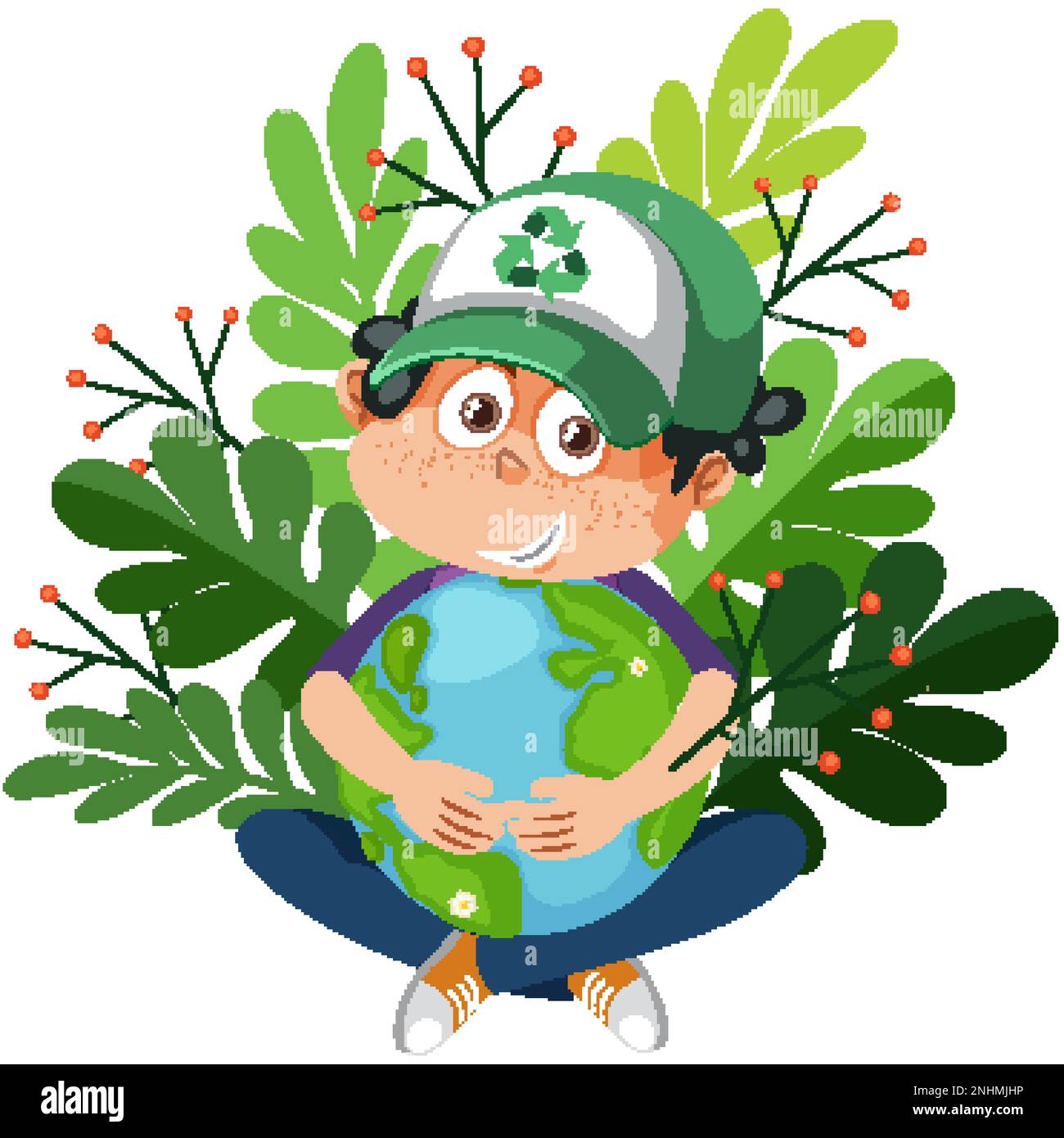 World earth day concept with a boy hugging earth globe illustration ...