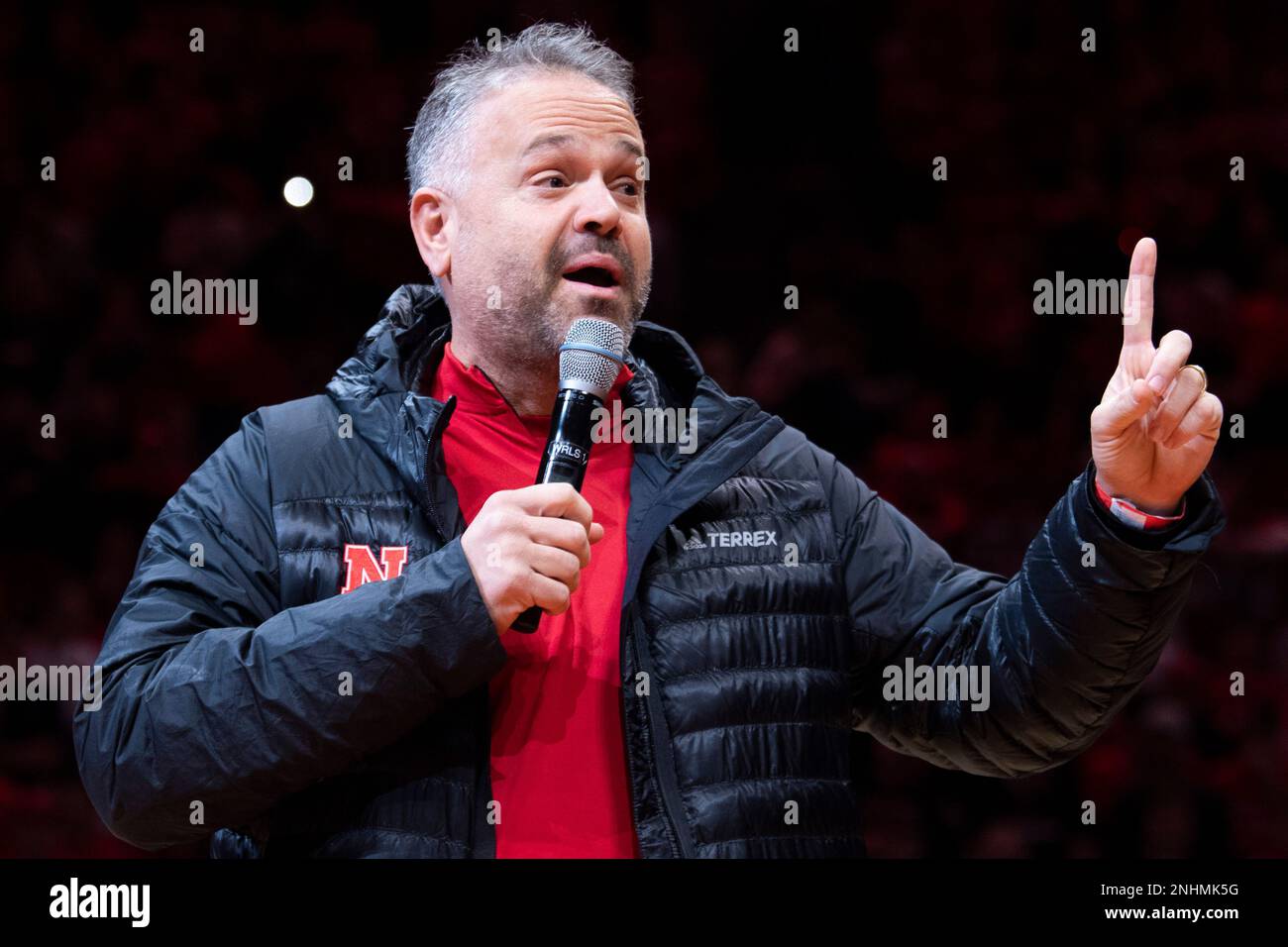 Nebraska's head football coach Matt Rhule speaks to fans at halftime ...