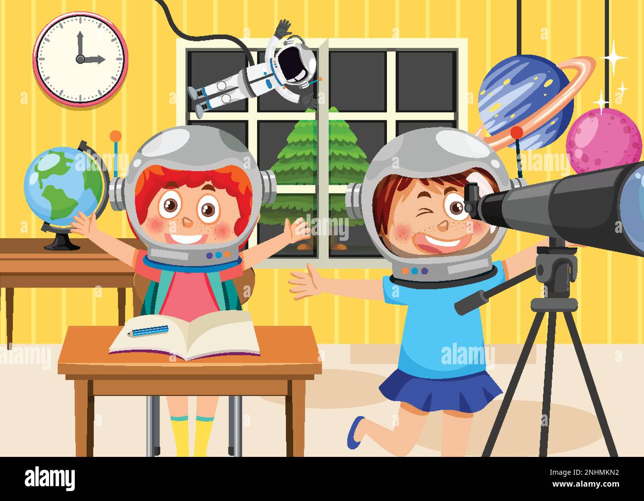 Room scene with kids observing sky illustration Stock Vector Image ...