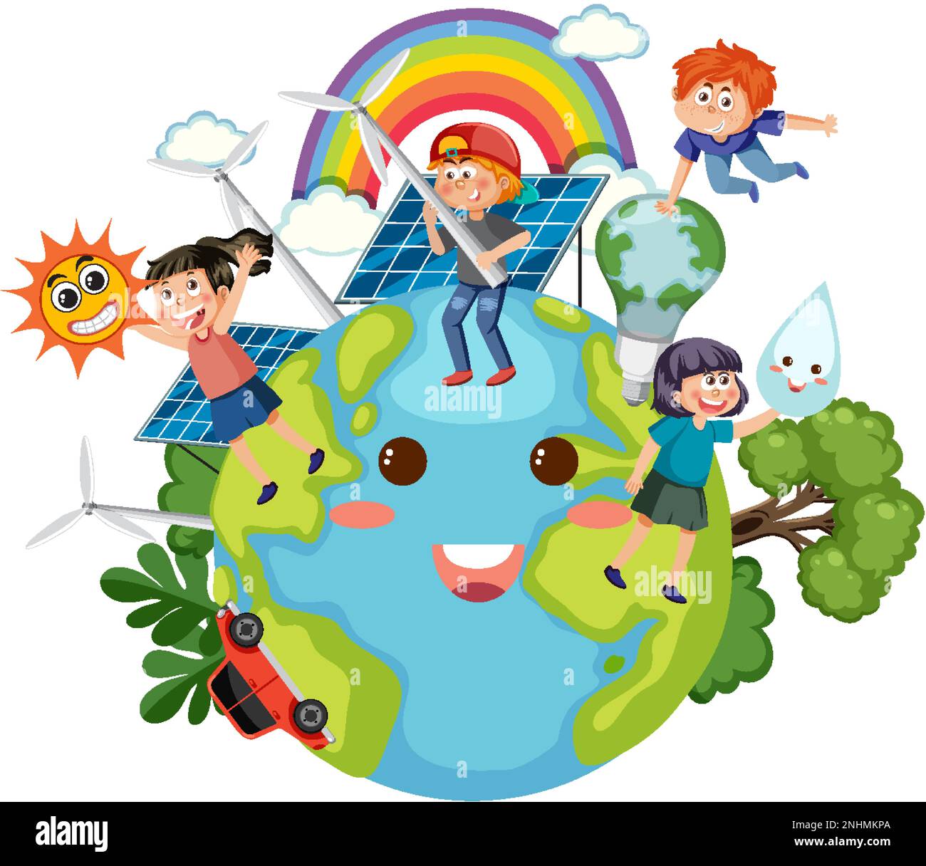 Children with solar panels and wind turbines illustration Stock Vector ...